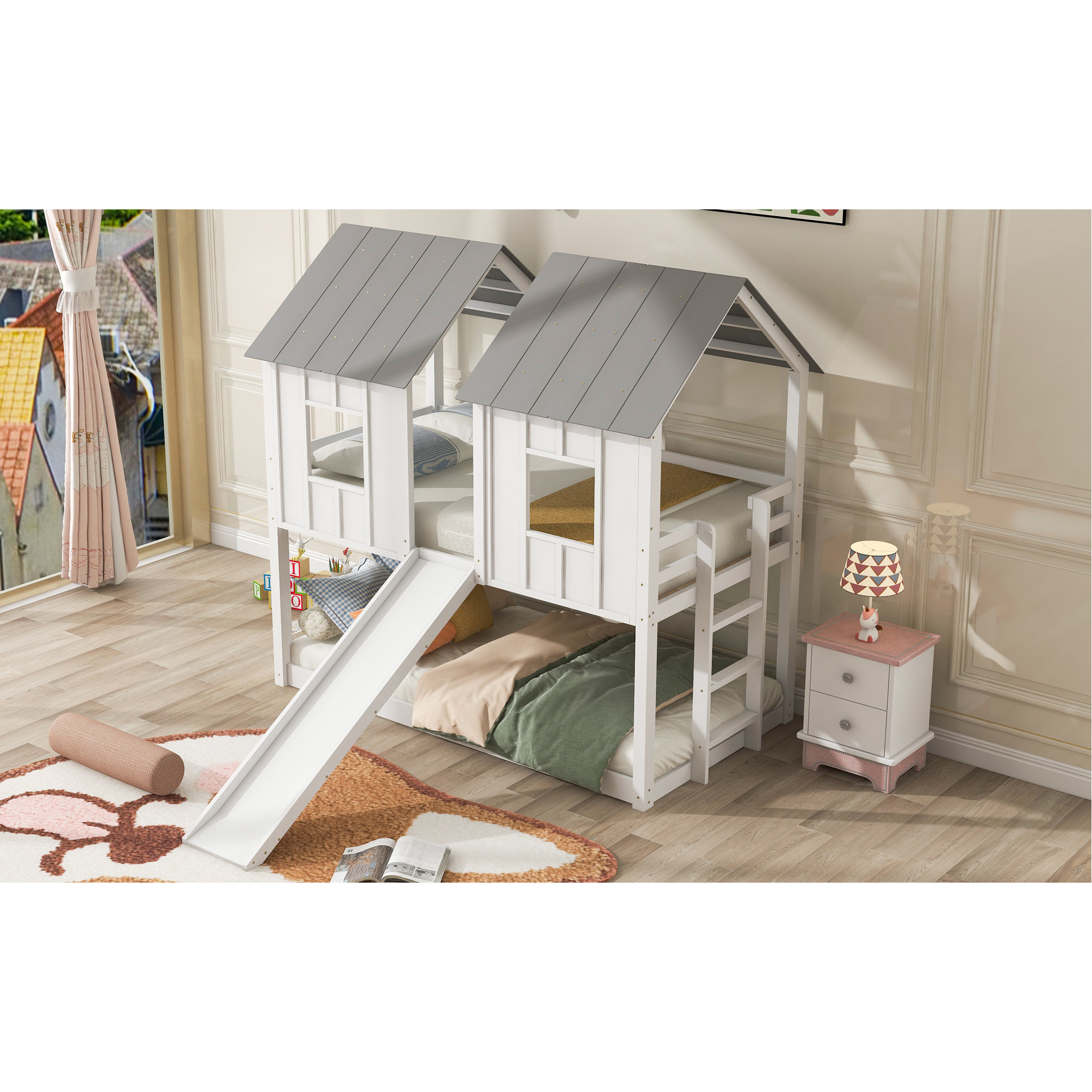 Harper Orchard House Bunk Bed With Slide And Windows | Wayfair