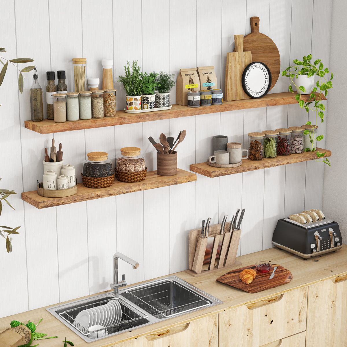 Ebern Designs Carsin Irregular Reclaimed Elm Floating Wall Shelf ...