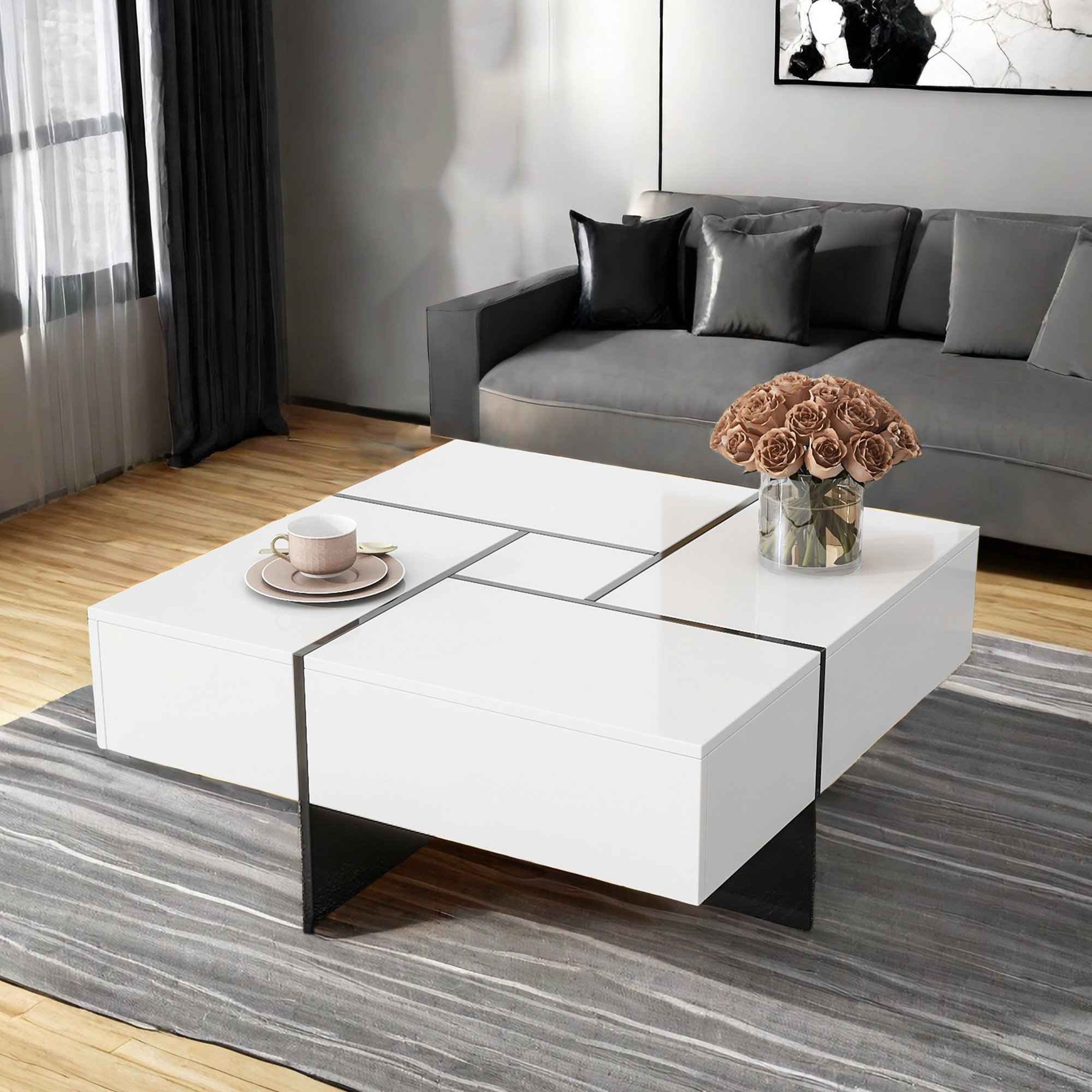 Ivy Bronx Coffee Table With 4 Hidden Storage Compartments, UV Gloss ...