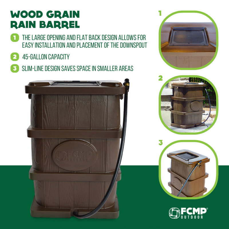 FCMP Outdoor WG4000 45 Gal Wood Grain Rain Water Catcher Barrel ...