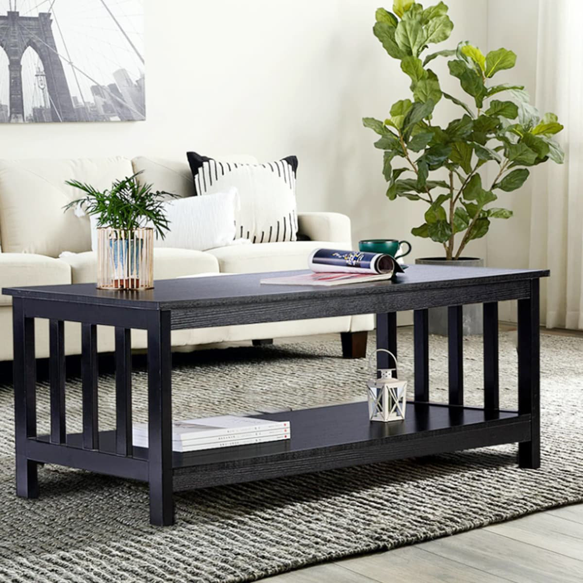 VEENOVA Rectangular Coffee Table, Dark Wood Living Room Table ...
