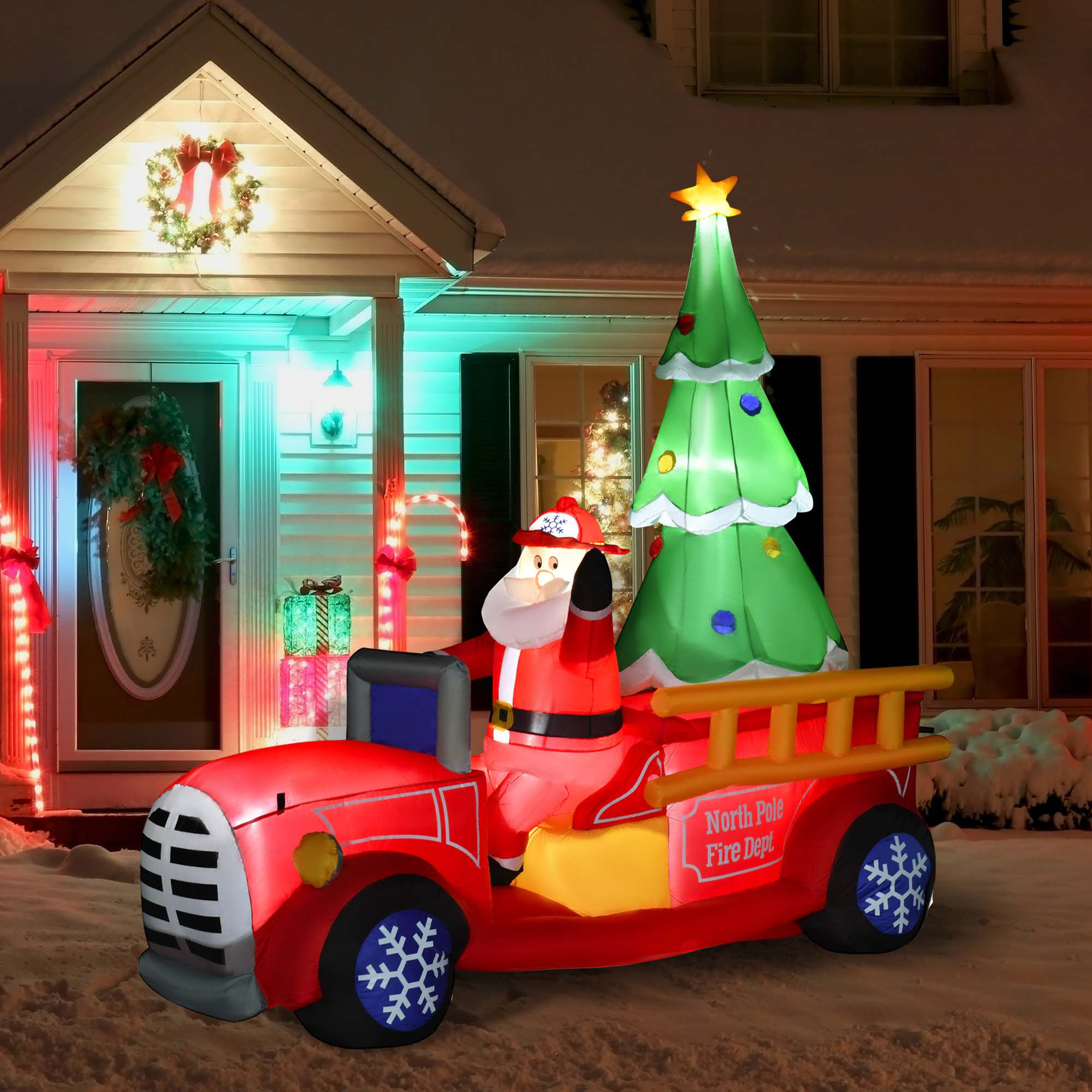 One Allium Way 7.5Ft Christmas Inflatable Santa Claus Driving A Fire ...