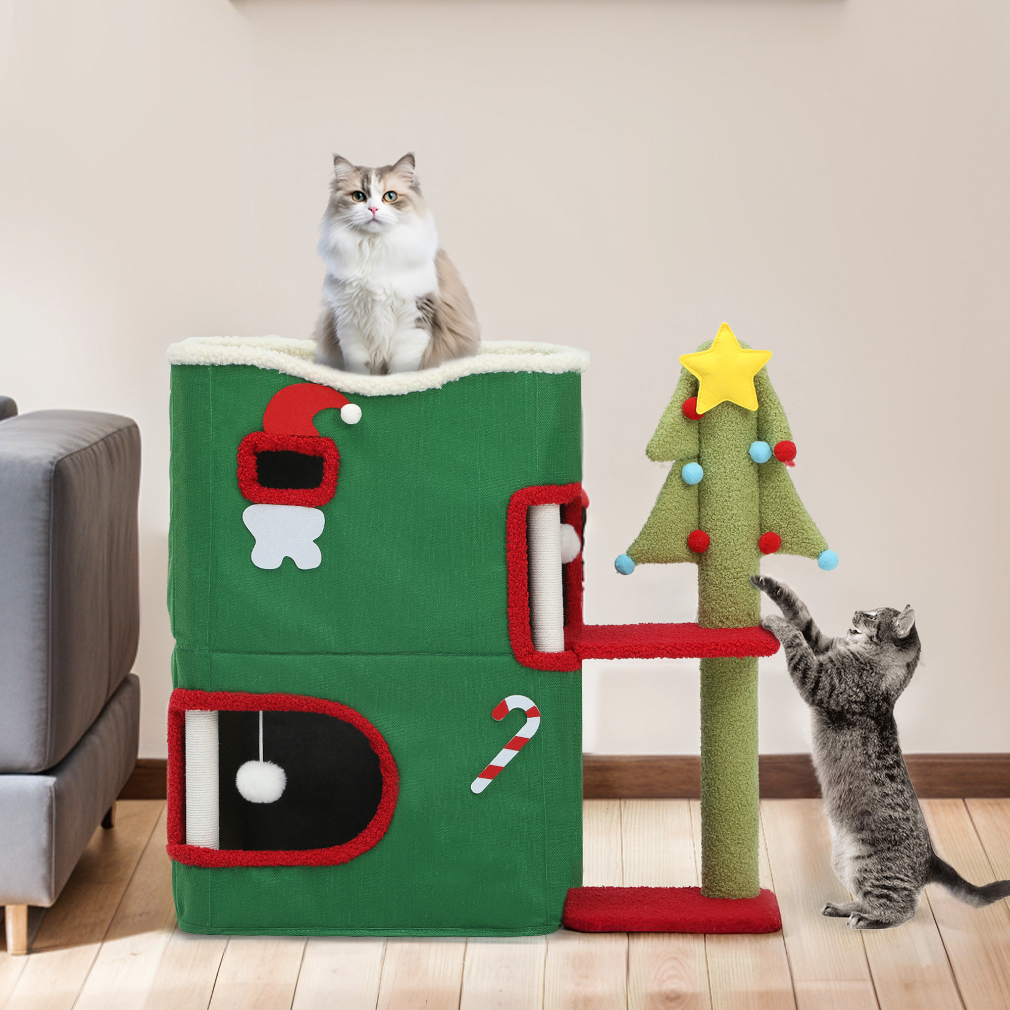 The Holiday Aisle® Christmas 2-Storey Indoor Cat House with Scratching ...
