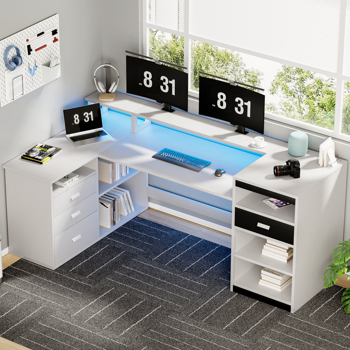 Inbox Zero White Computer Desk With Drawers, 61.02'' Home Office Desk ...