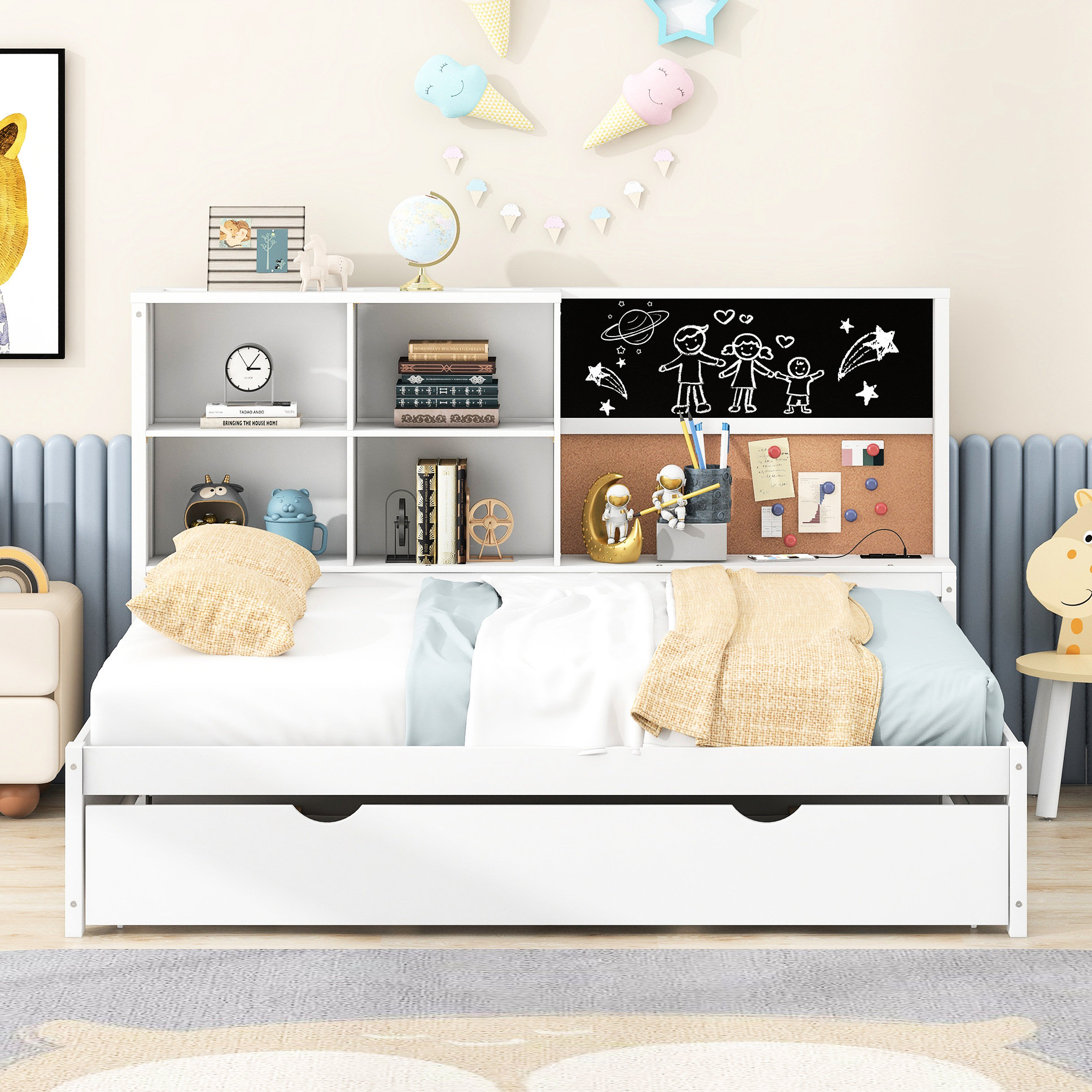 Lark Manor™ Full Size Daybed In White With Storage, Blackboard, Cork ...