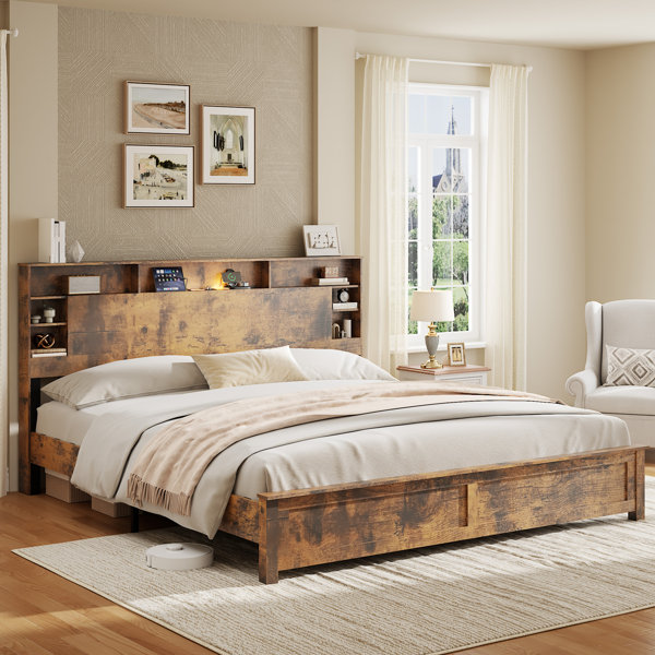 Latitude Run® King Size Wooden Platform Bed Frame with Storage ...