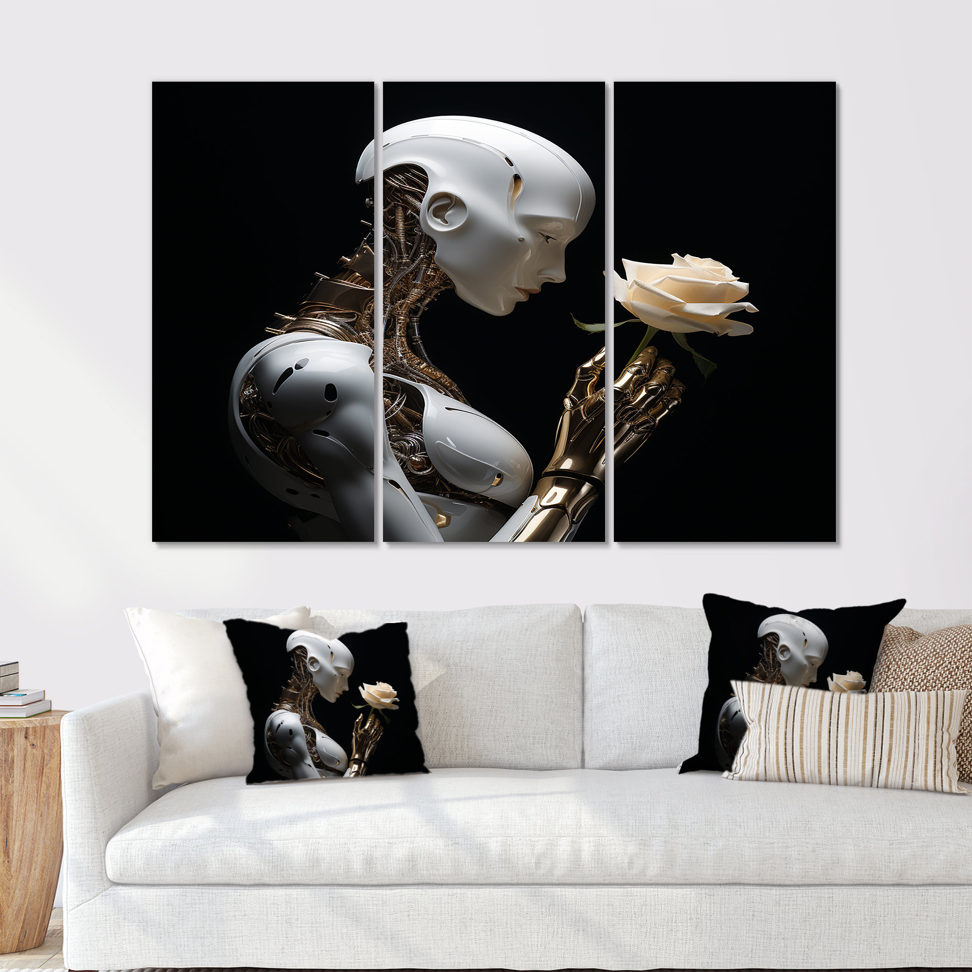 Design Art White Gold Robot Flower Poetry - Robots Wall Art Decor Set ...
