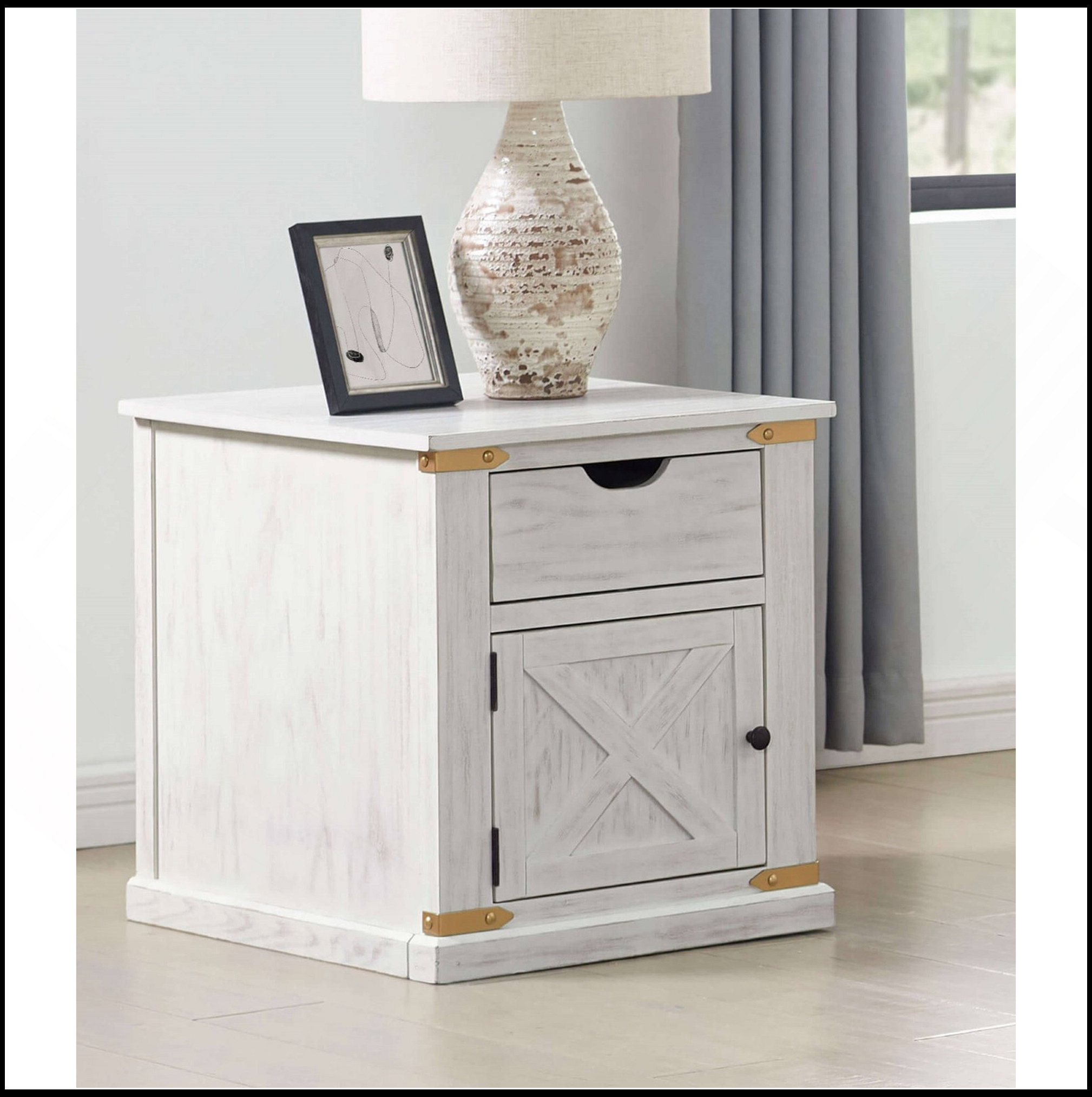Gracie Oaks Antique White Gold Accents Rustic Style 1Pc End Table ...