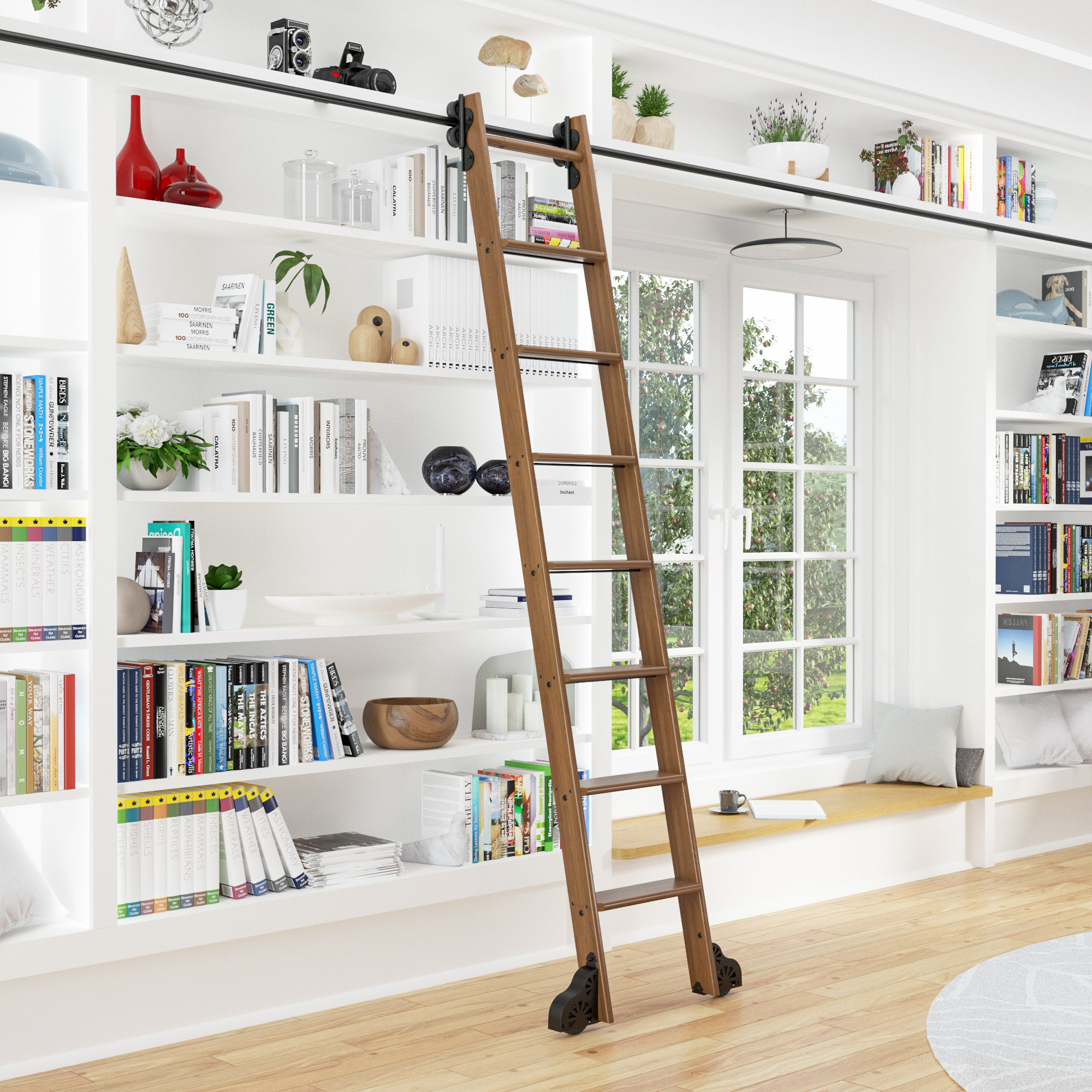Quiet Glide Walnut 9 92 9 Step Wood Rolling Sunburst Wheel Ladder