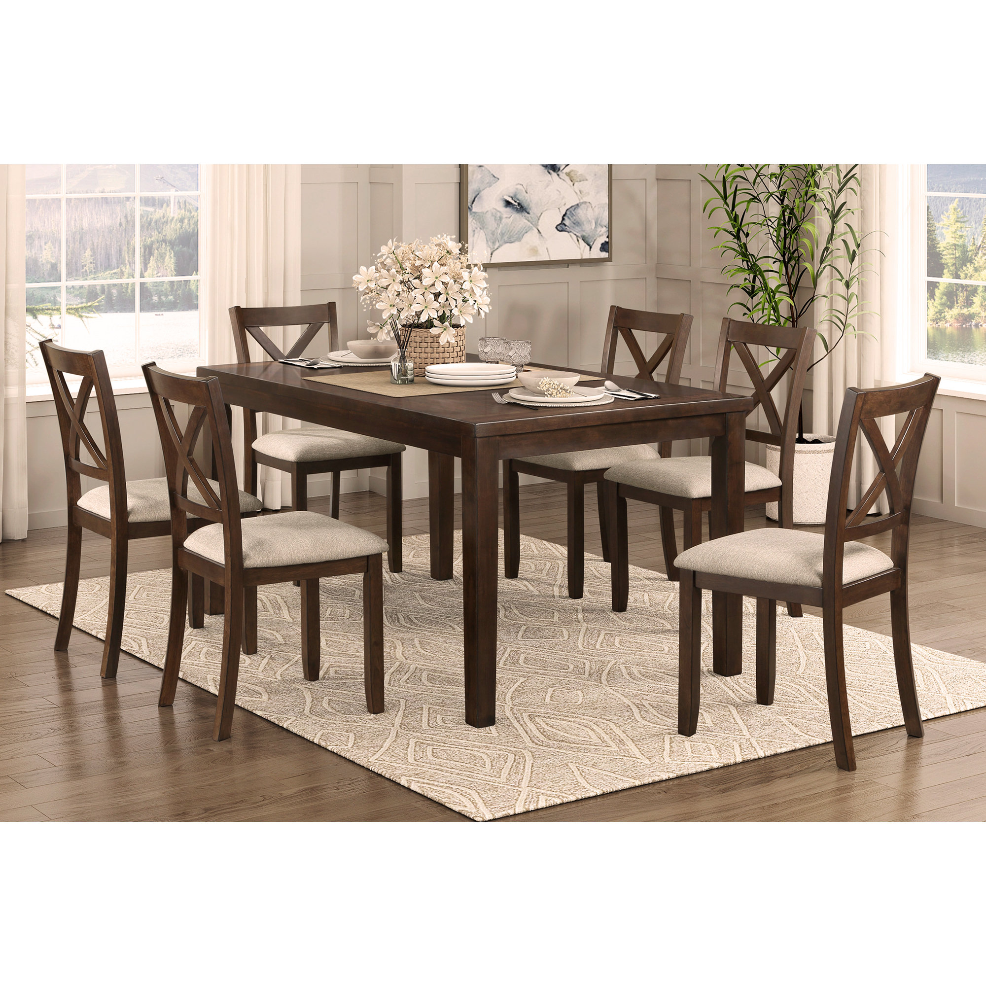 August Grove® Dark Chery Finish Wooden Dining Set 7pc Dining Table and ...