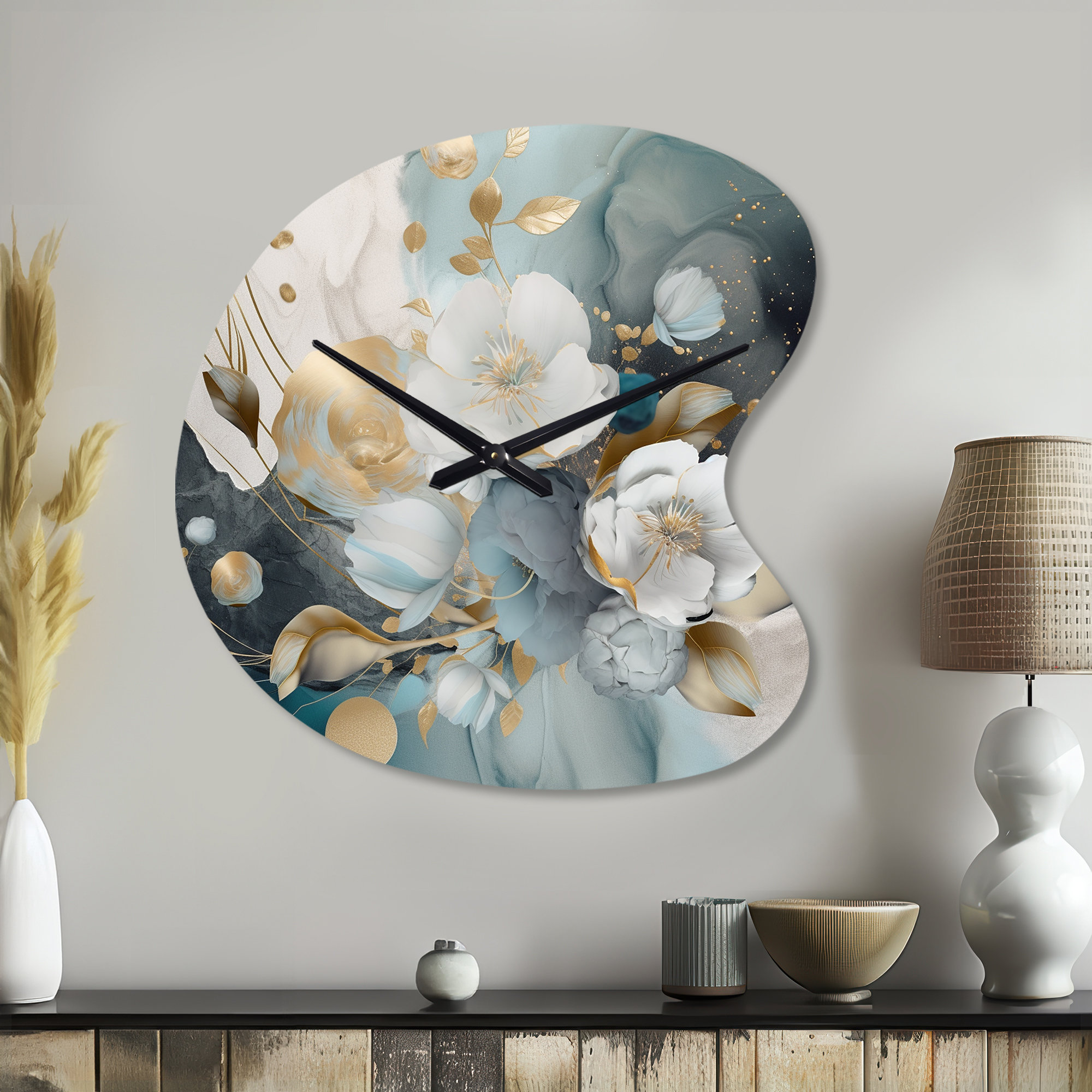 Design Art Blue Marble Gold Floral Impressions II - Floral Asymmetrical ...
