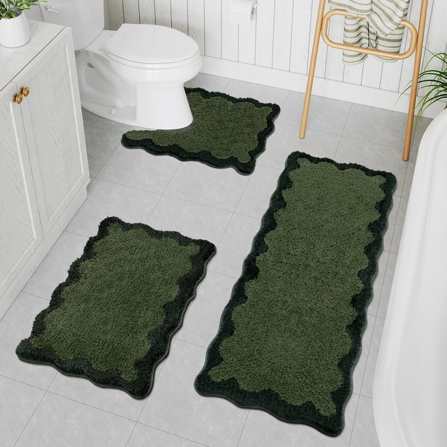 Red Barrel Studio® Scalloped Bathroom Rug Set 3 Piece Green Non-Slip ...