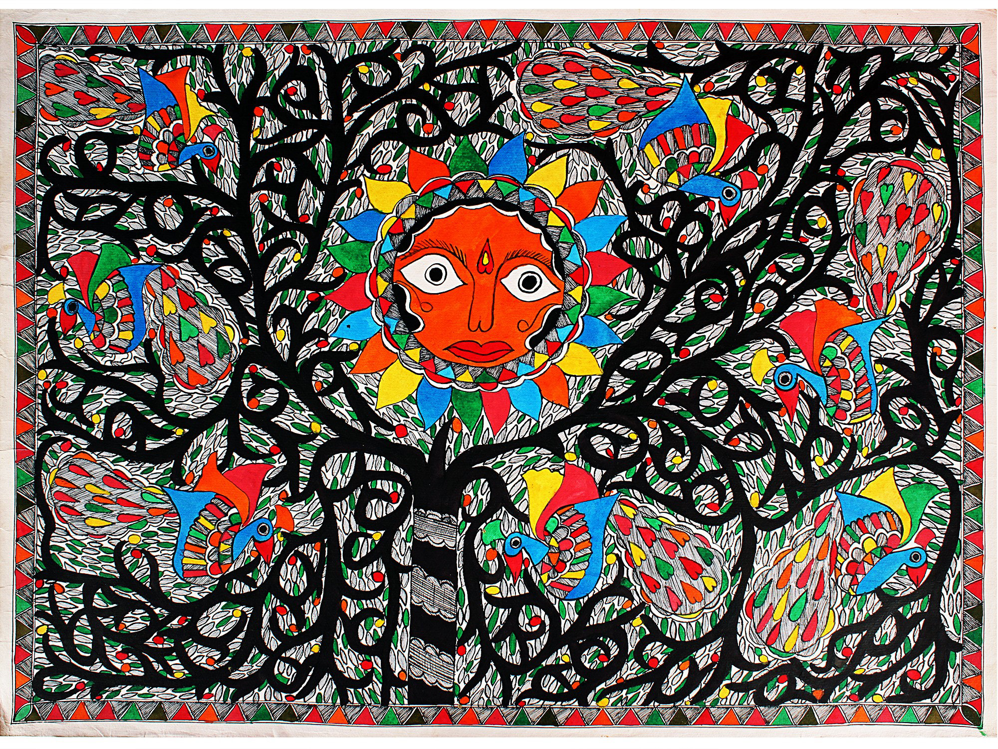 Bungalow Rose Tree Of Life Around Sun | Madhubani Painting | Natural ...