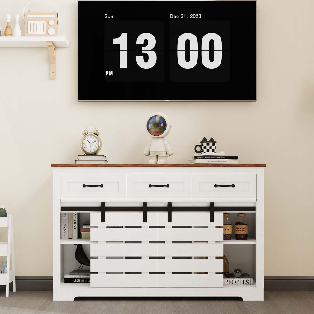 Gracie Oaks Farmhouse Sideboard Buffet Storage Cabinet with 3 Drawers, 2 Sliding Barn Doors, 2 ...