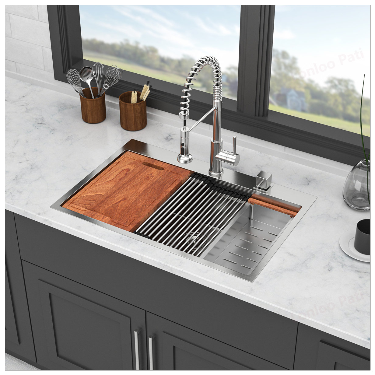 lonloo pati Évier de cuisine encastré 33 po - Acier inoxydable de calibre 16, rebord en forme de ...