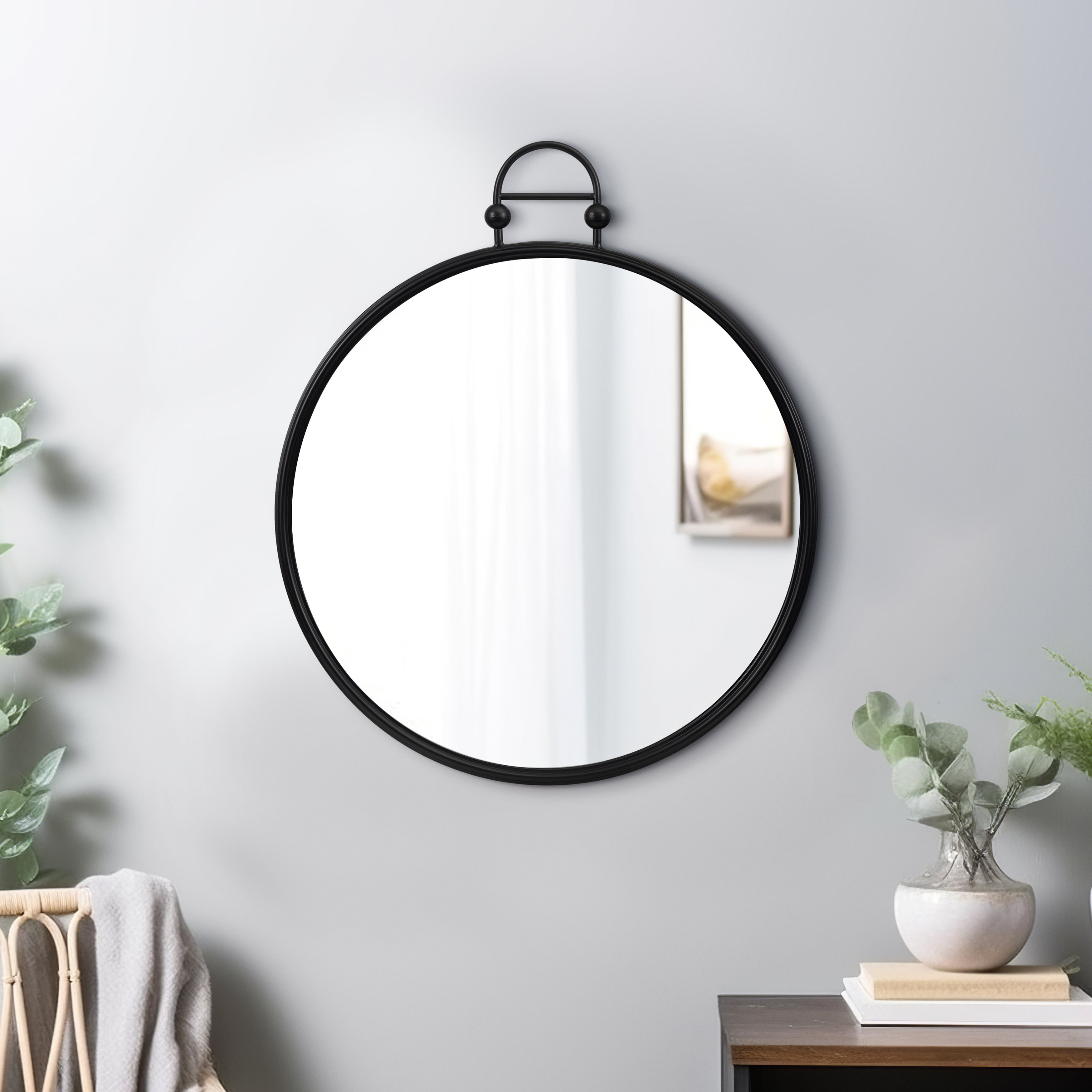 Charlton Home® Modern Black Metal Hoop Hanging Wall Mirror for Decor or ...