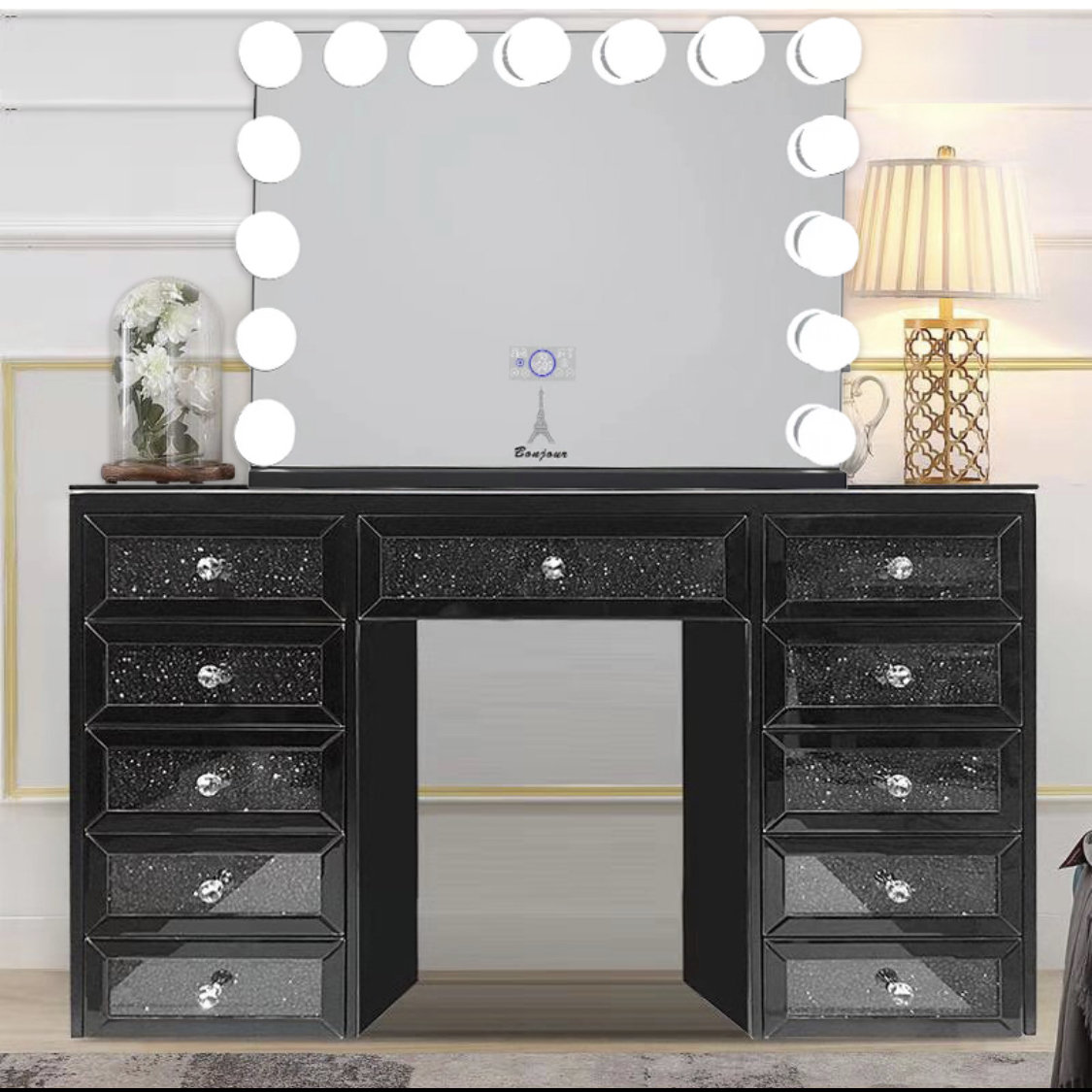 NY Diamond import Black Mirrored With Black Trimming Makeup Vanity ...