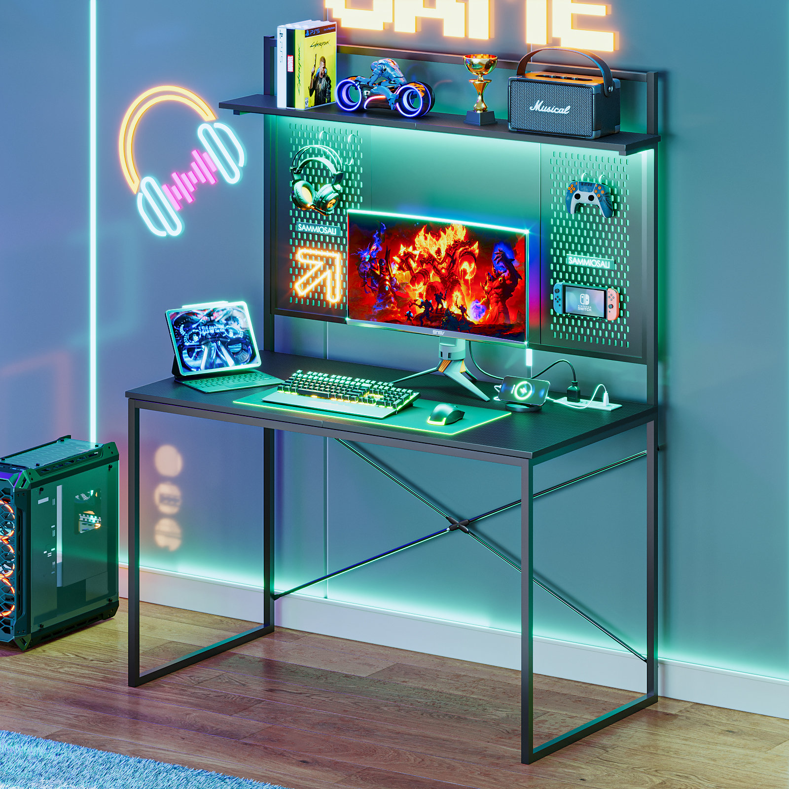 Inbox Zero 39''W LED Gaming Desk with Hutch and Pegboard, Computer Home ...