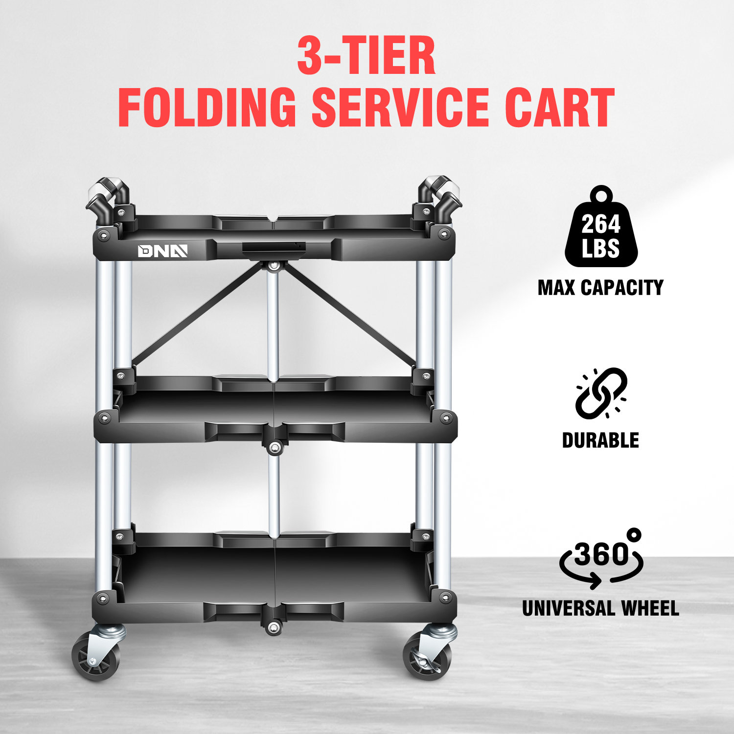 DNA Motoring 3 Tier Folding Rolling Service Cart, 265lbs Capacity ...