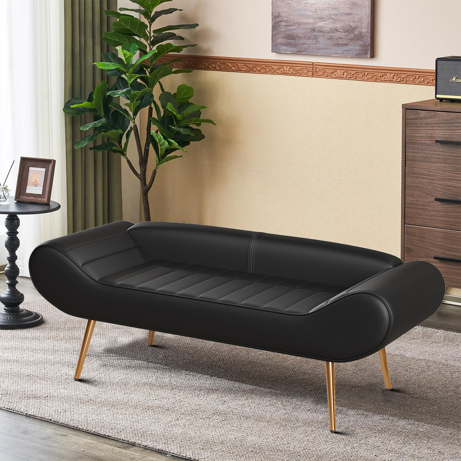 Mercer41 Srini PVC Fabric Upholstered Bench with Gold Metal Legs | Wayfair