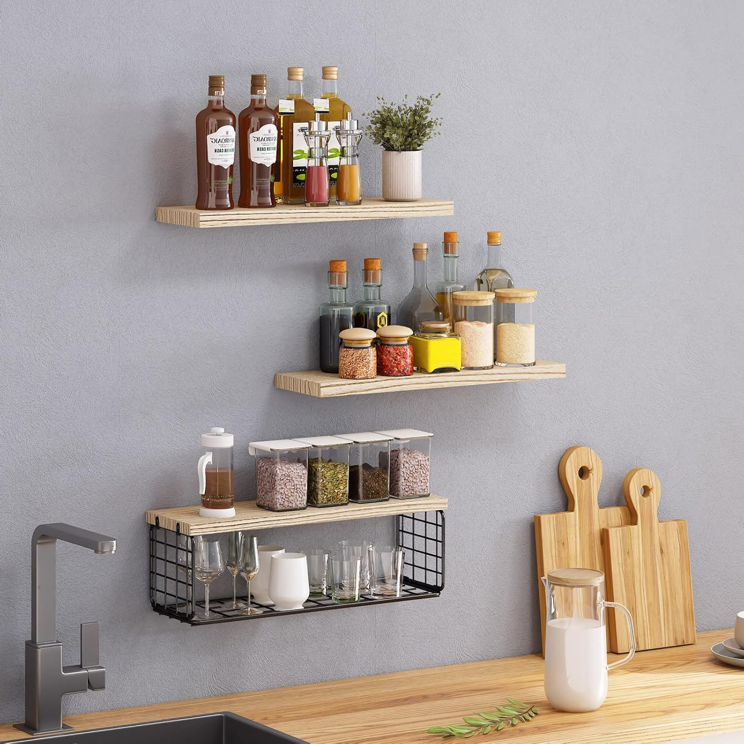 17 Stories 3+1 level floating shelf with iron mesh storage basket ...