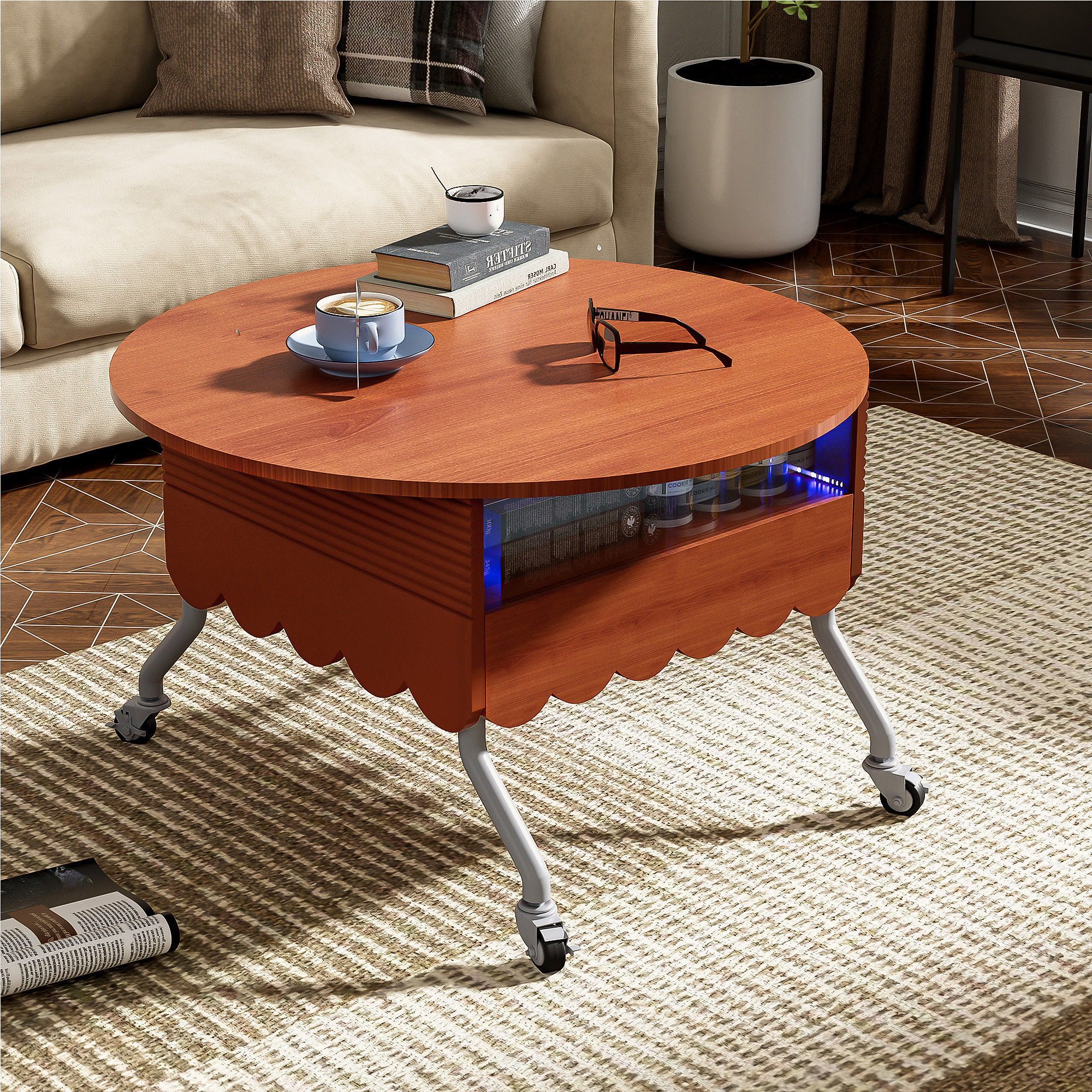 Ivy Bronx Table basse ronde à plateau relevable avec roues, structure ...