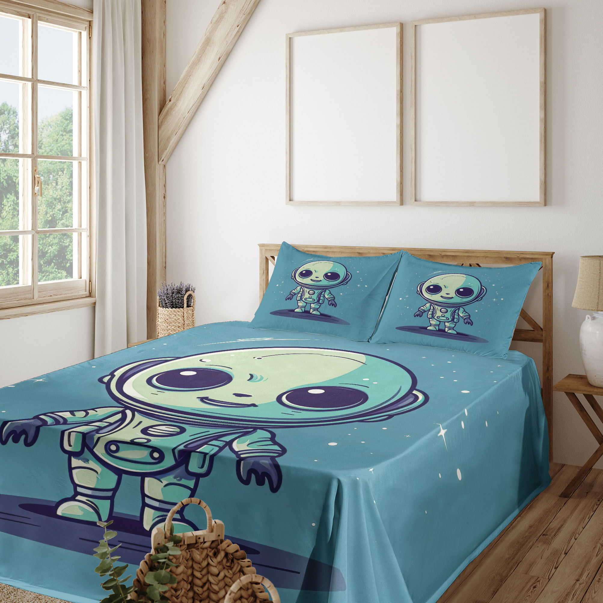 Ambesonne Alien Sheet Set Galactic Extraterrestrial Indigo Cadet Blue ...