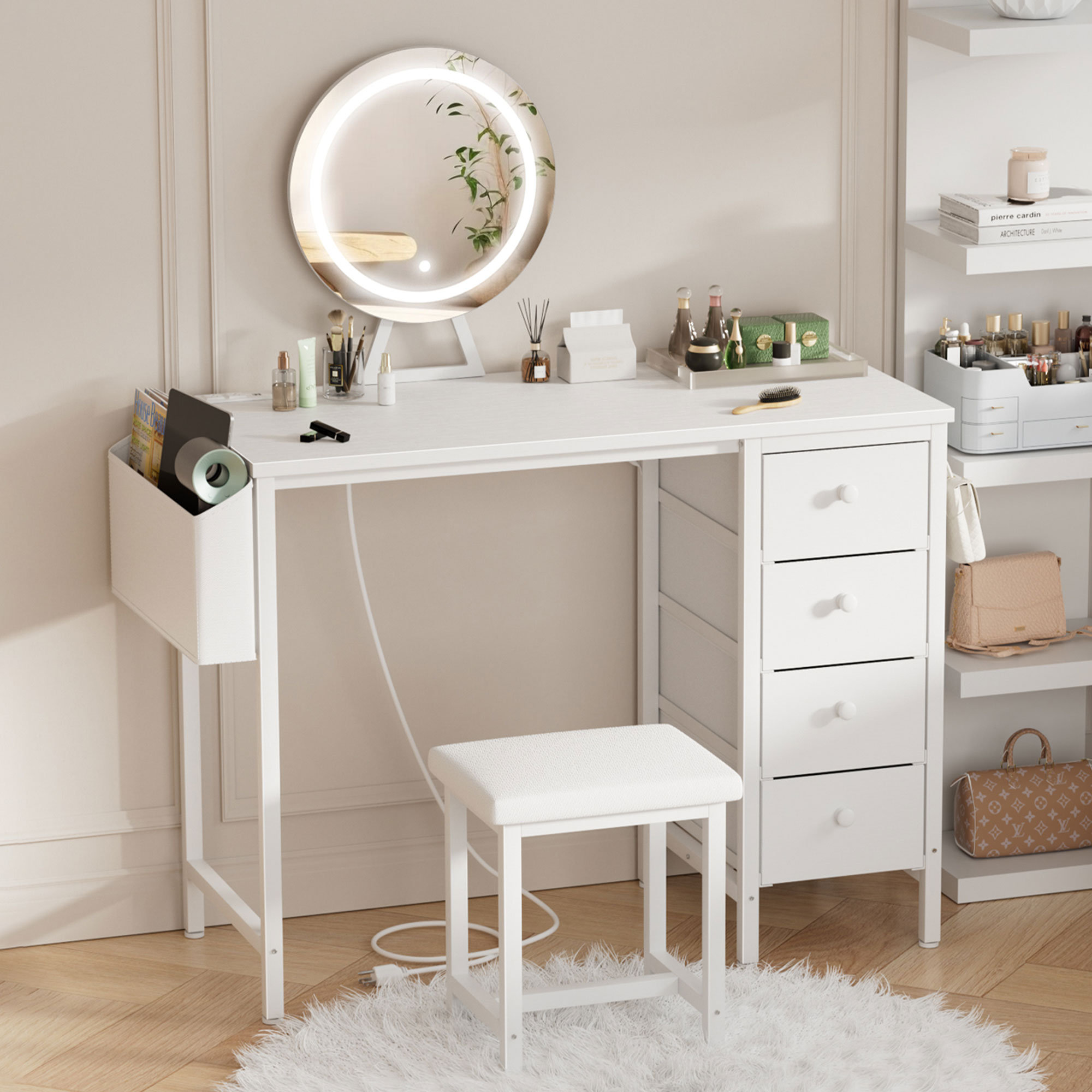 Wrought Studio™ Built-In Outlets Makeup Desk With Mirror And Light ...