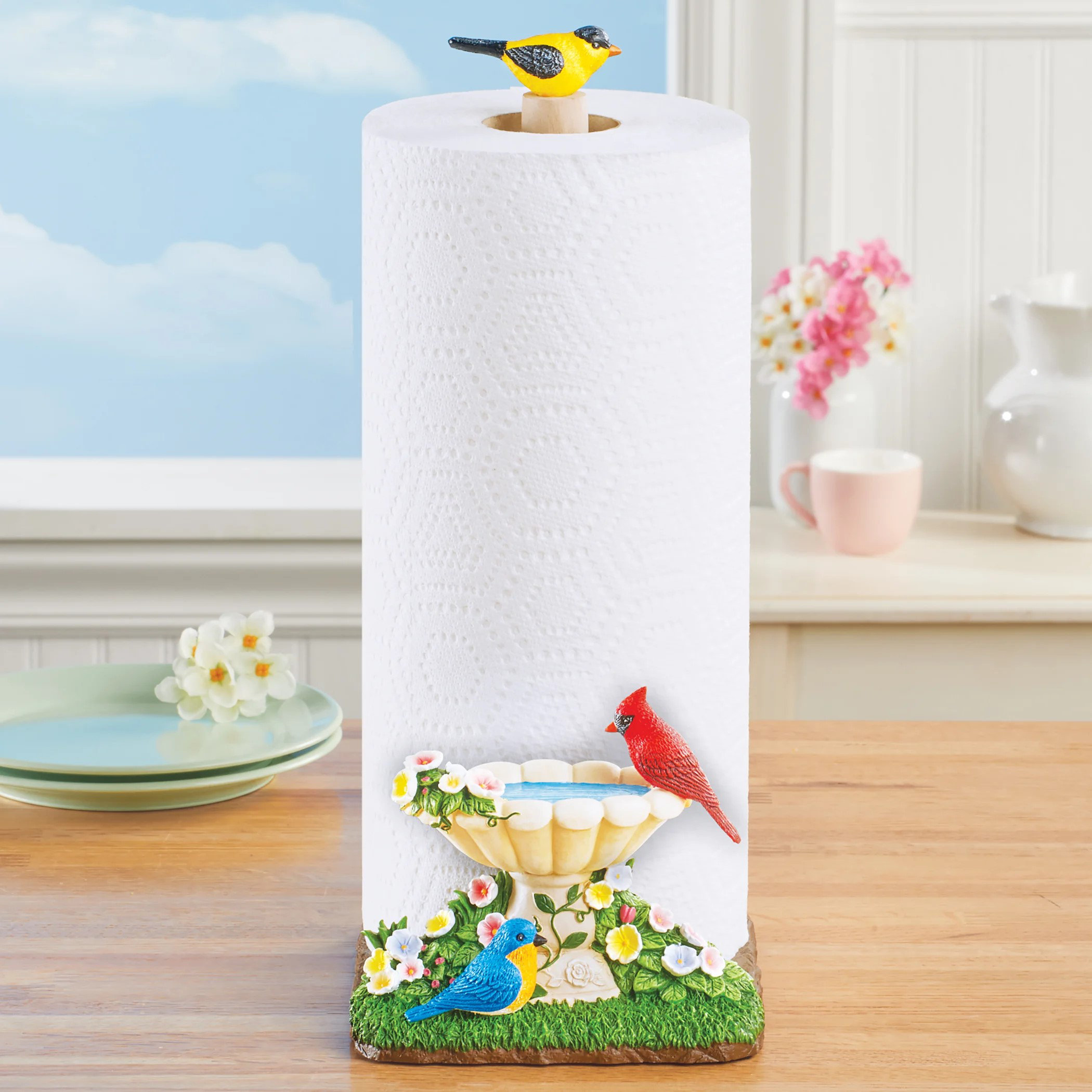 Winston Porter Hand-Painted Floral Bird Bath Paper Towel Holder | Wayfair