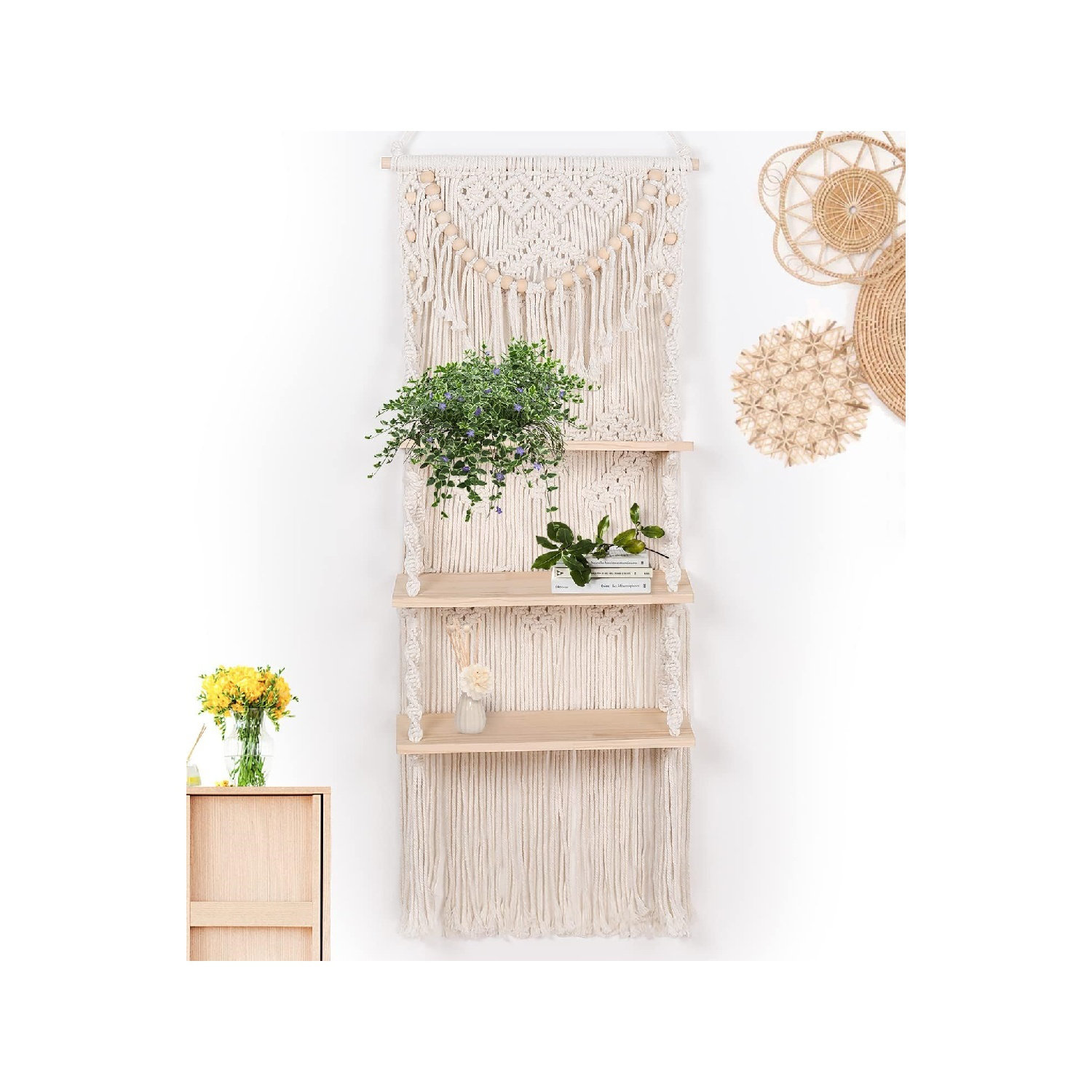 Dakota Fields Macrame Wall Hanging Shelf For Wall Decor 3 Tiers Handmade Boho Wall Floating ...