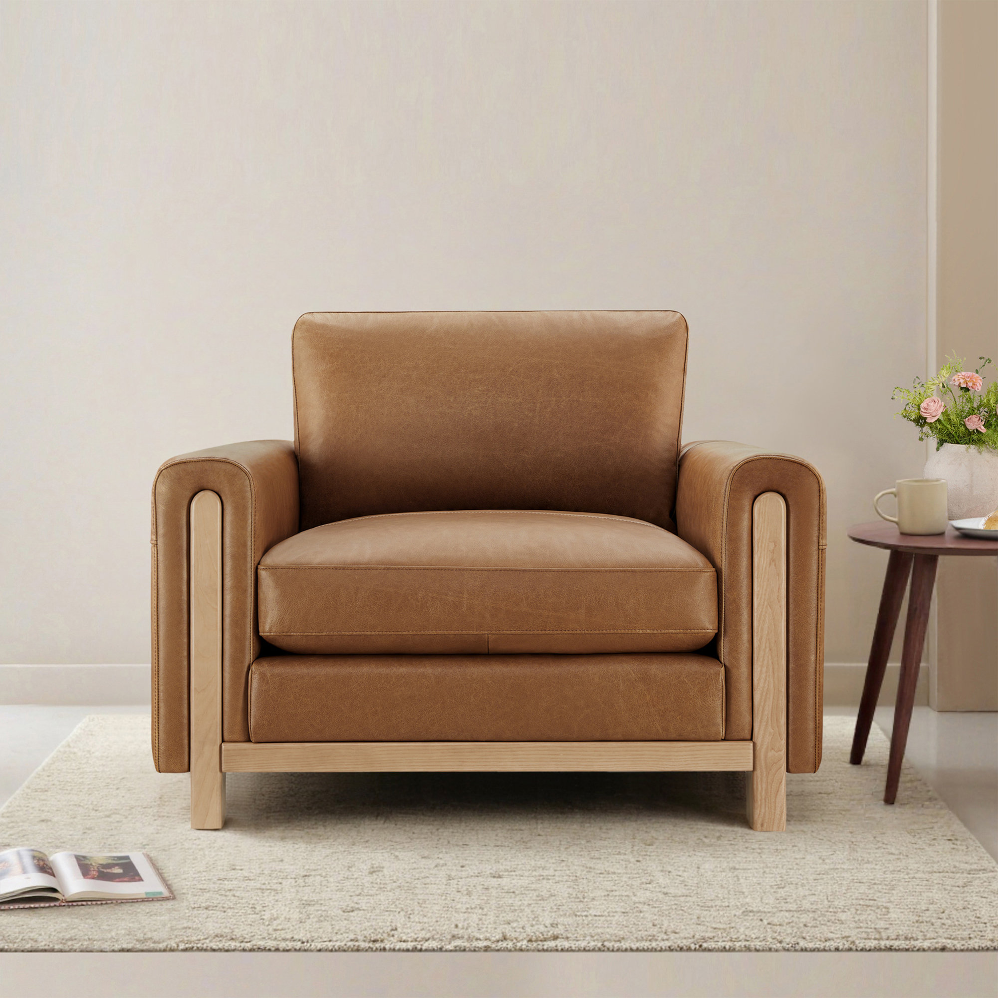 Circle 55 Adika Genuine Leather Upholstered Club Chair With Wood Trim ...