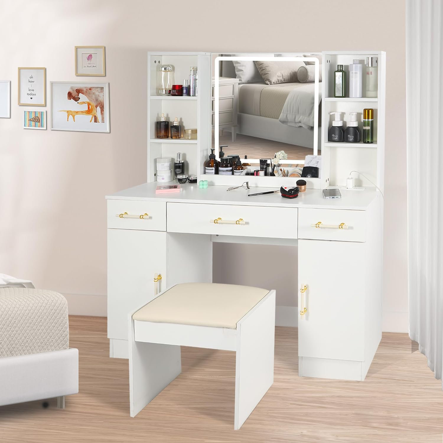 Latitude Run® Makeup Vanity Table Set with 3 Drawers & Move Cabinets ...
