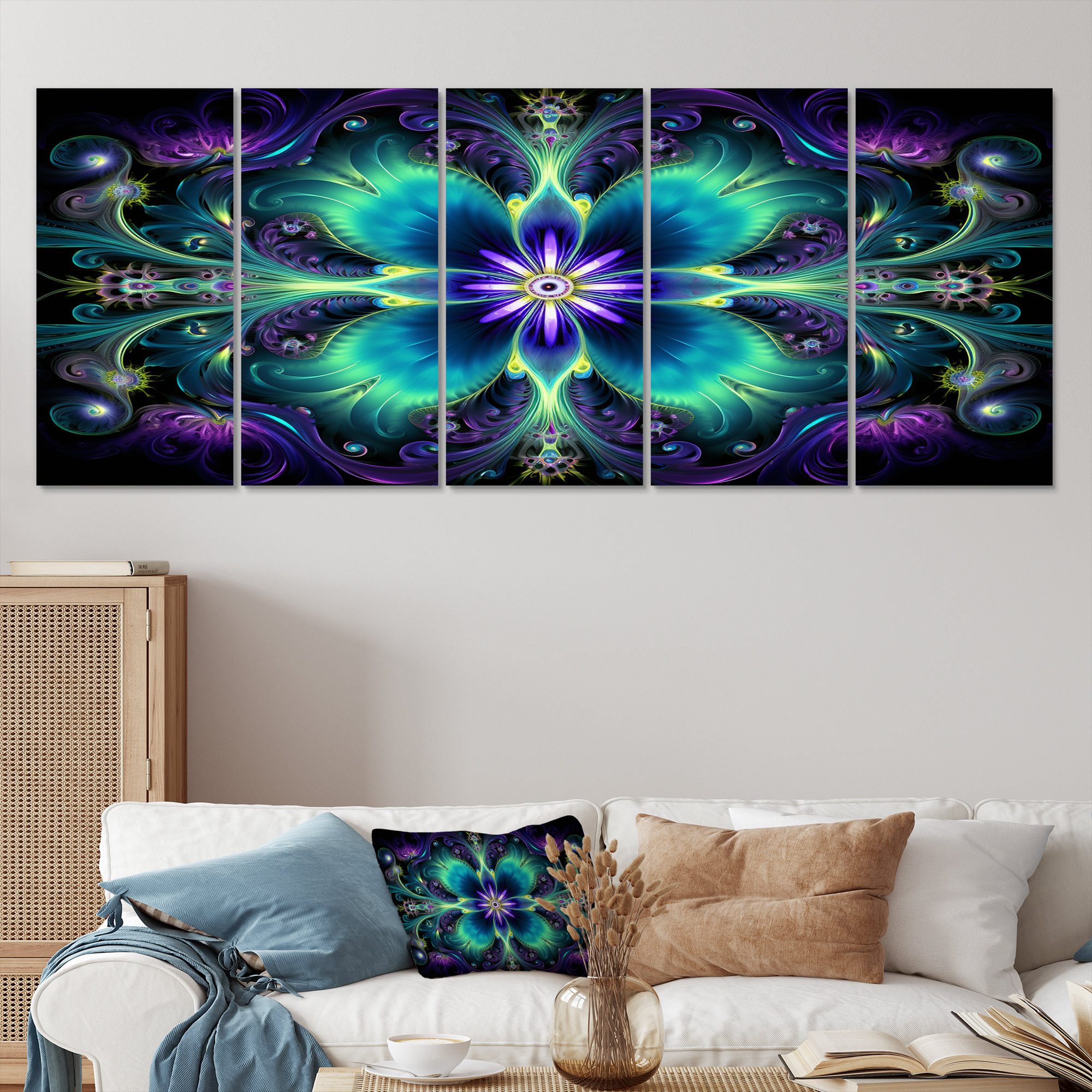 Lark Manor™ Turquoise Neon Fractal Flowers I - Boho Mandala Wall Art ...