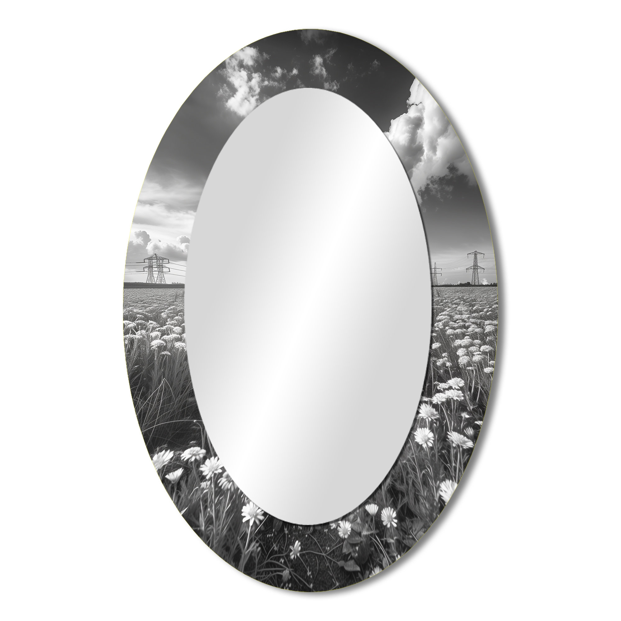 Dakota Fields Monochrome Grey Power Plant Tower - Gray Oval Wall Mirror ...