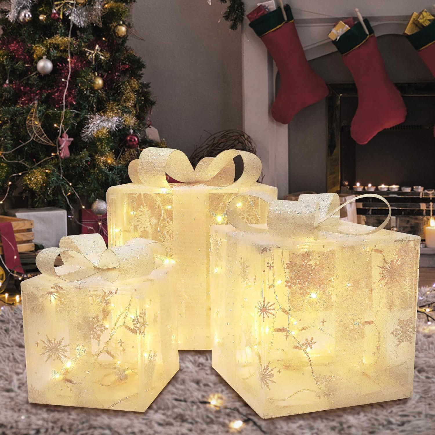 The Holiday Aisle® Large Christmas Lighted Gift Boxes, Set Of 3 ...