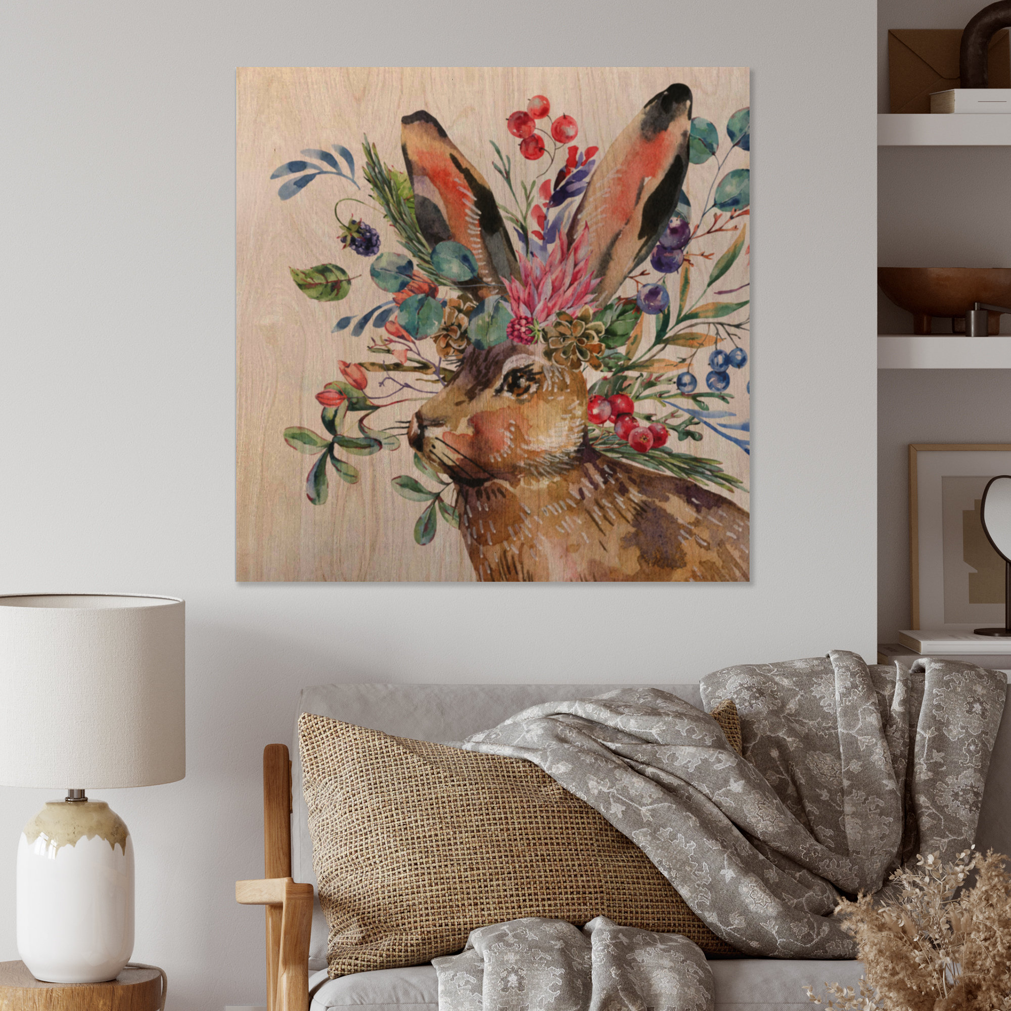 August Grove® Hare With Flowers - Traditional Print on Wood | Wayfair