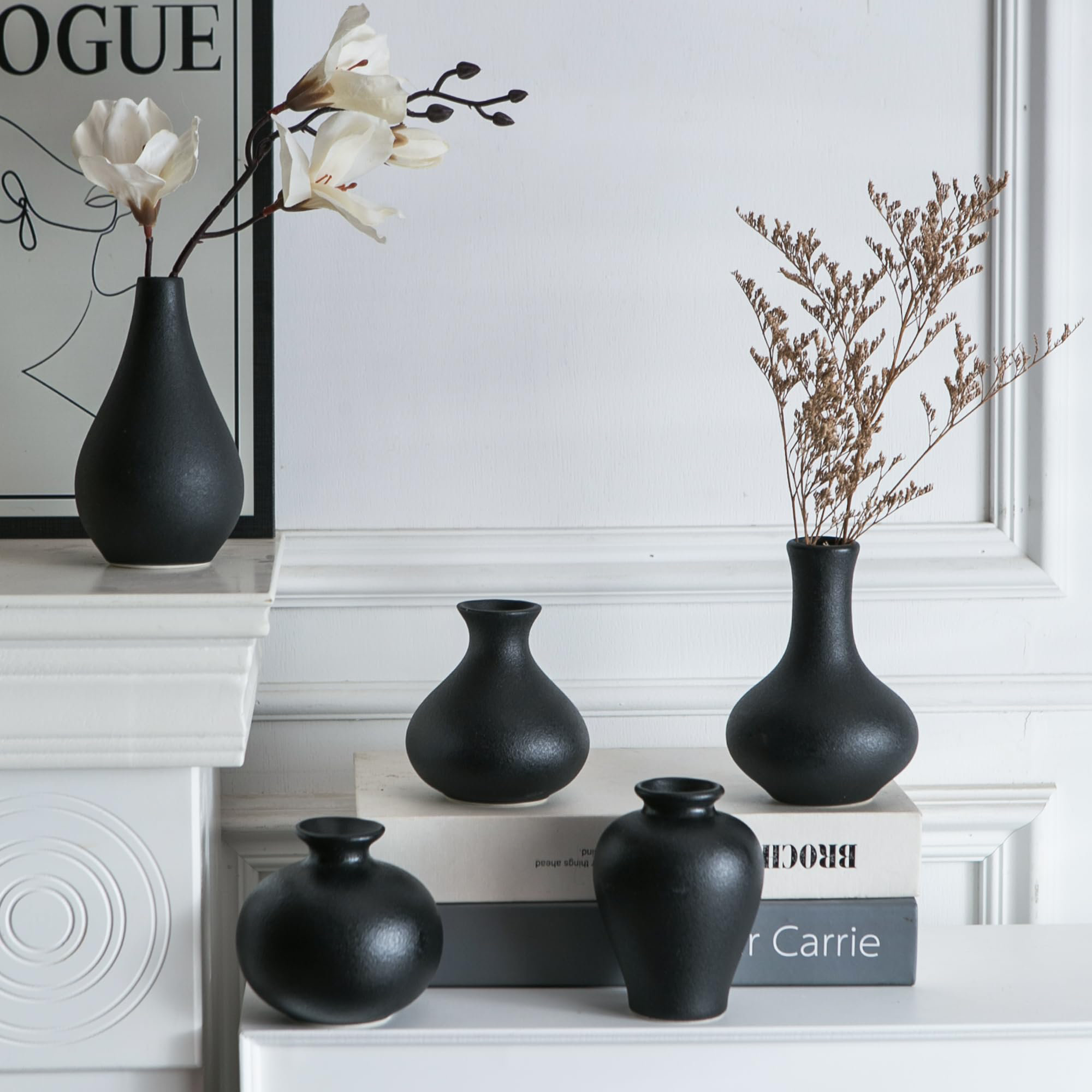 Ivy Bronx Small Black Vases, Ceramic Bud Vase Set Of 5, Mini Pottery ...