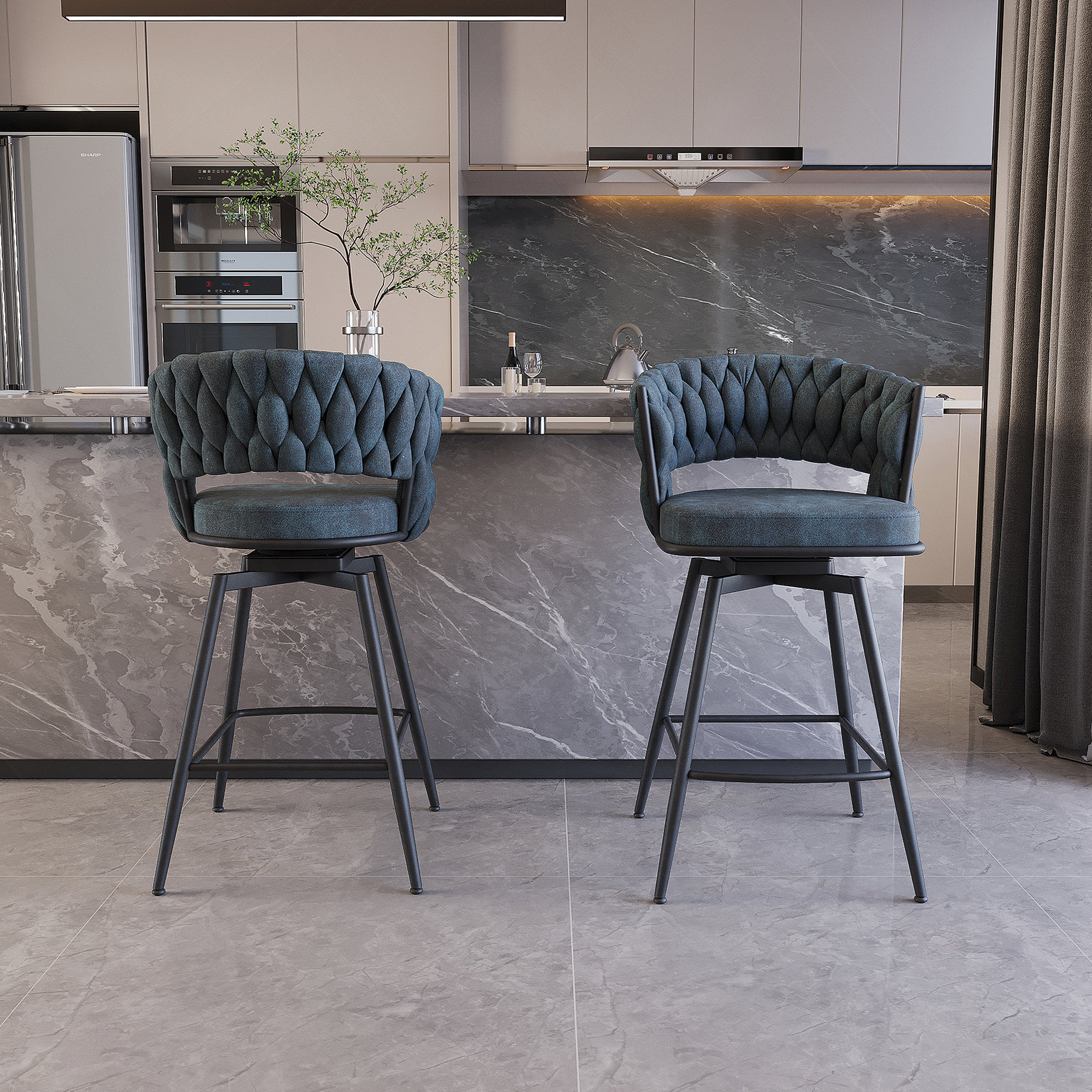 Mercer41 Bar Chair Suede Woven Bar Stool Set of 2,Black legs Barstools ...