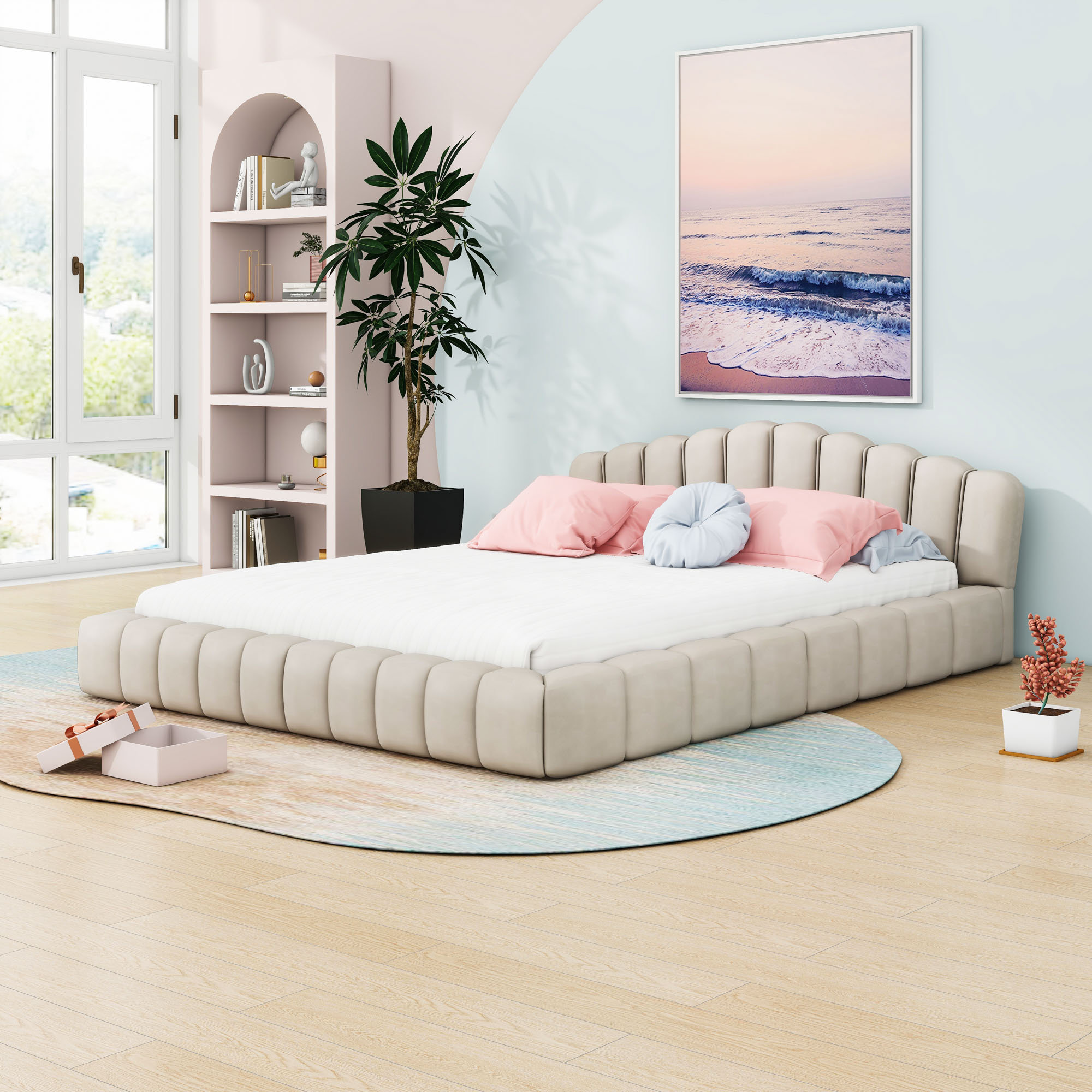 Mercer41 Queen Size Velvet Upholstered Platform Bed with Shell-Shaped ...