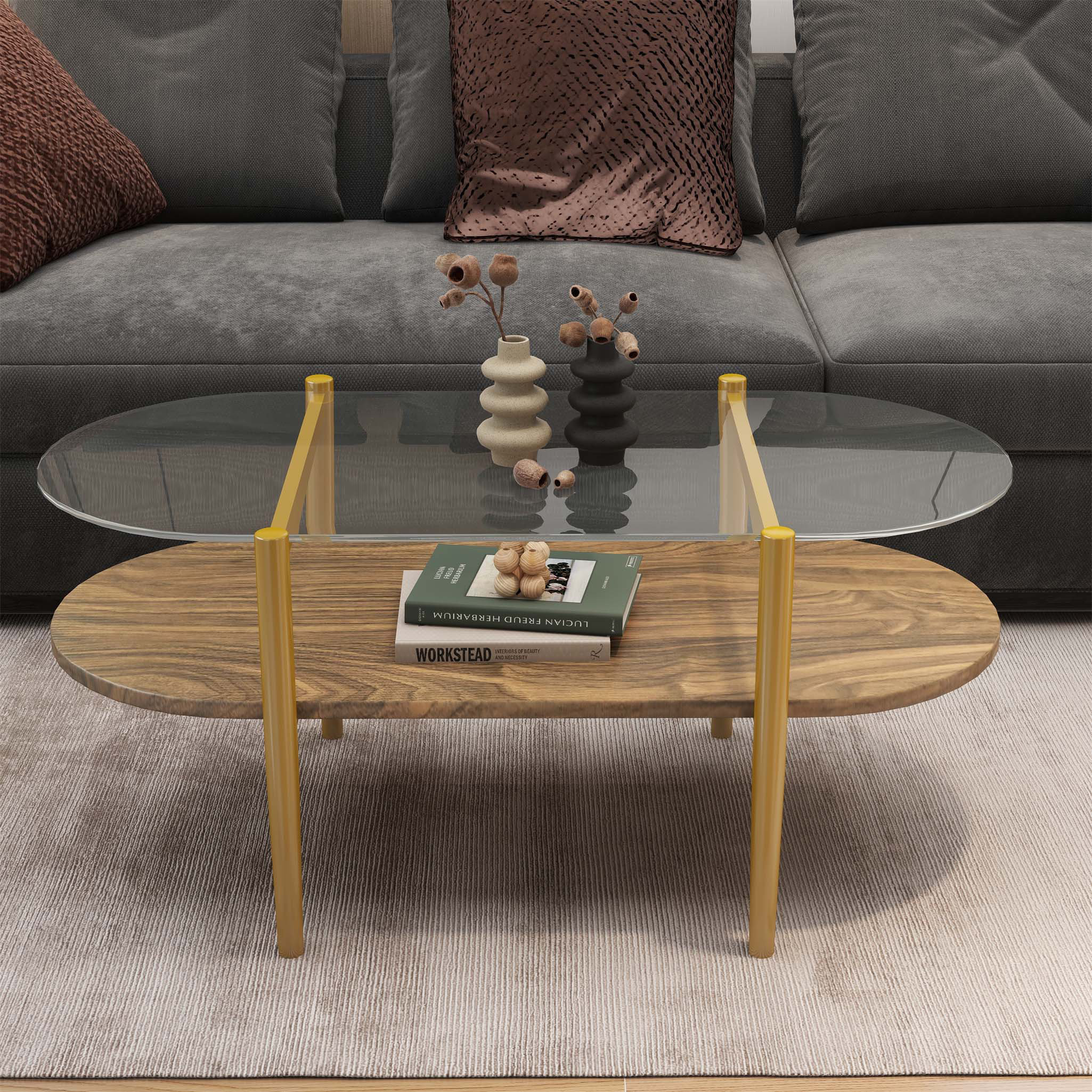 George Oliver Oval Shaped Glass Coffee Table With Medieval Modern ...