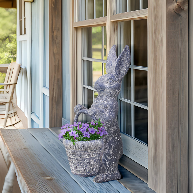 The Holiday Aisle® Resin Bunny With Floral Basket Planter 17.5" | Wayfair