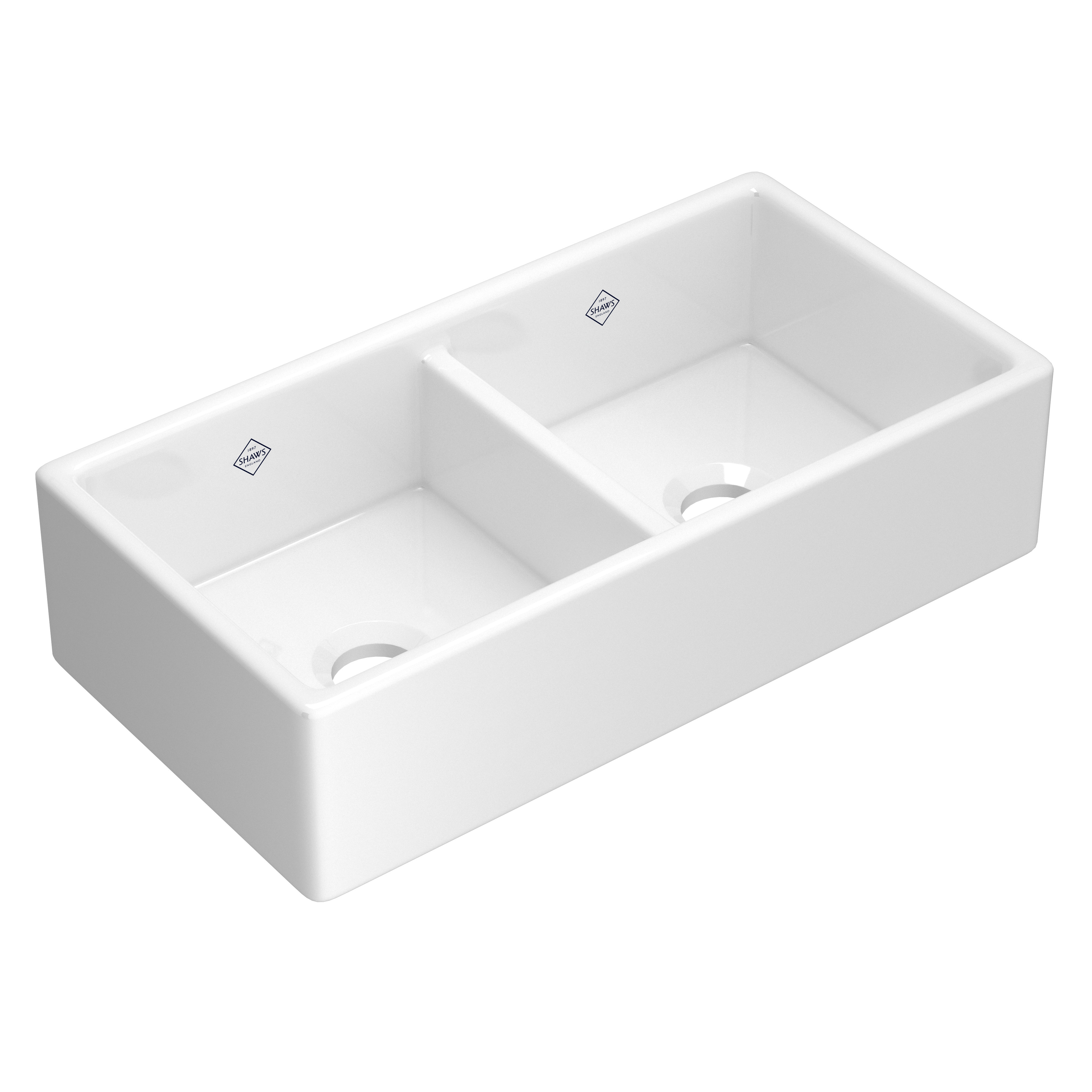 Shaws Shaker 35" Double Bowl Farmhouse Apron Front Fireclay Kitchen ...