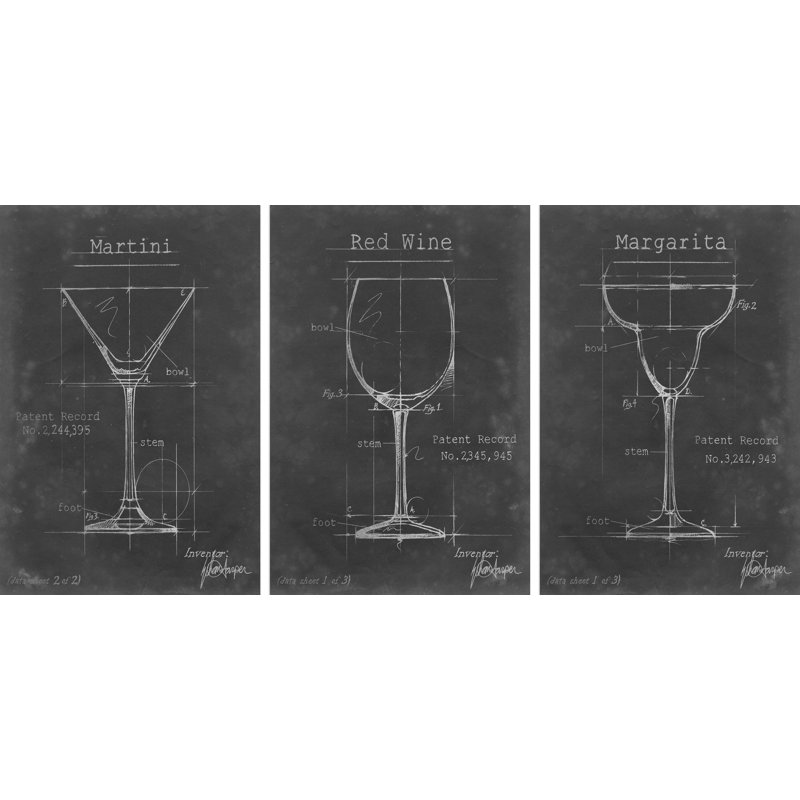 Williston Forge 'Barware Blueprint X Triptych' 3 Piece Drawing Print ...