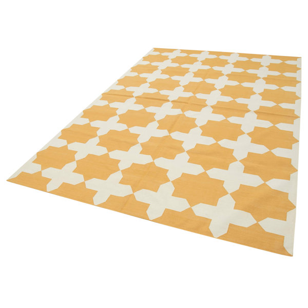 Ebern Designs Geometric Duri Yellow Geometric Wool Handmade Area Rug ...