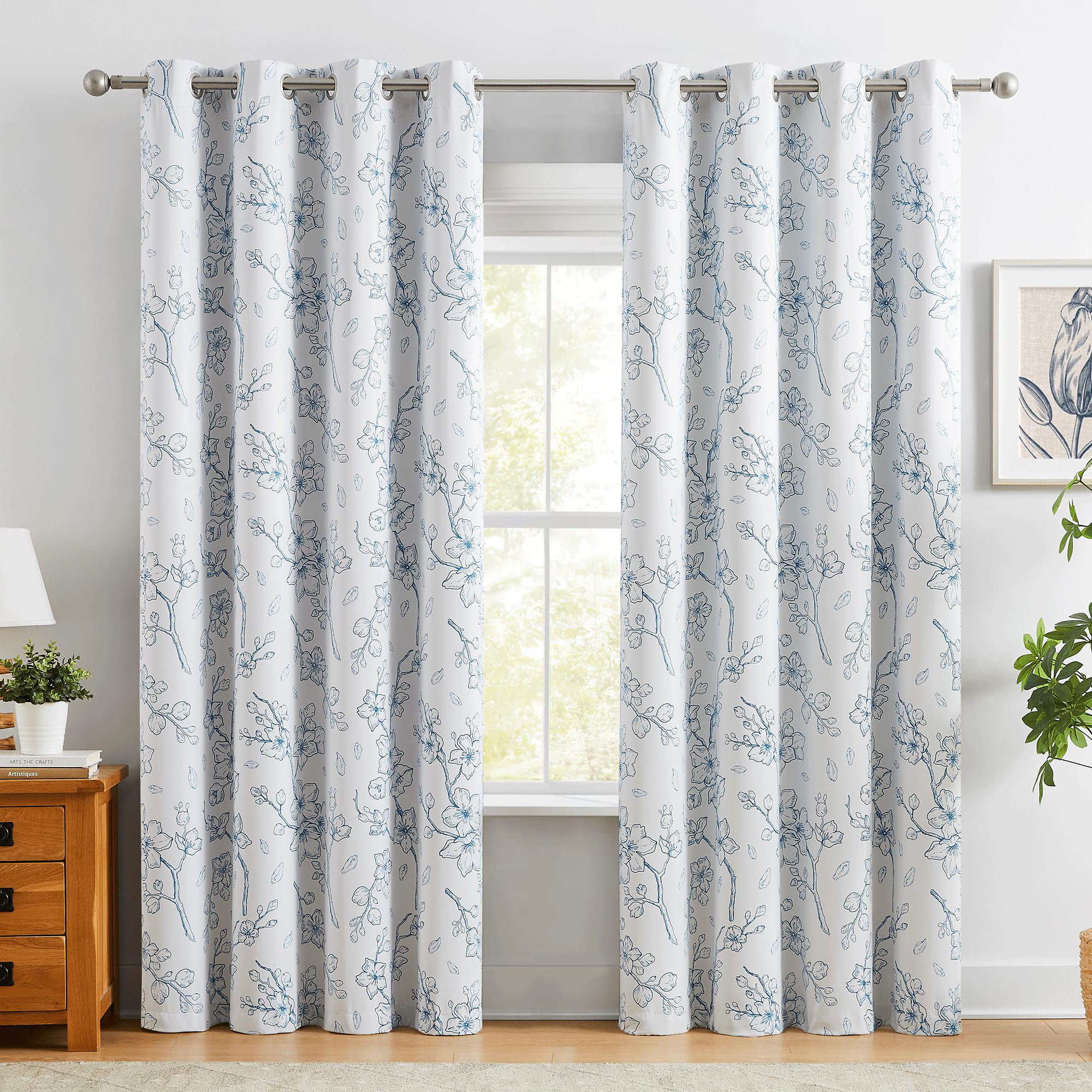 Lark Manor™ Floral 100% Blackout Curtains Blue White Flower Patterned Room Darkening Thermal ...