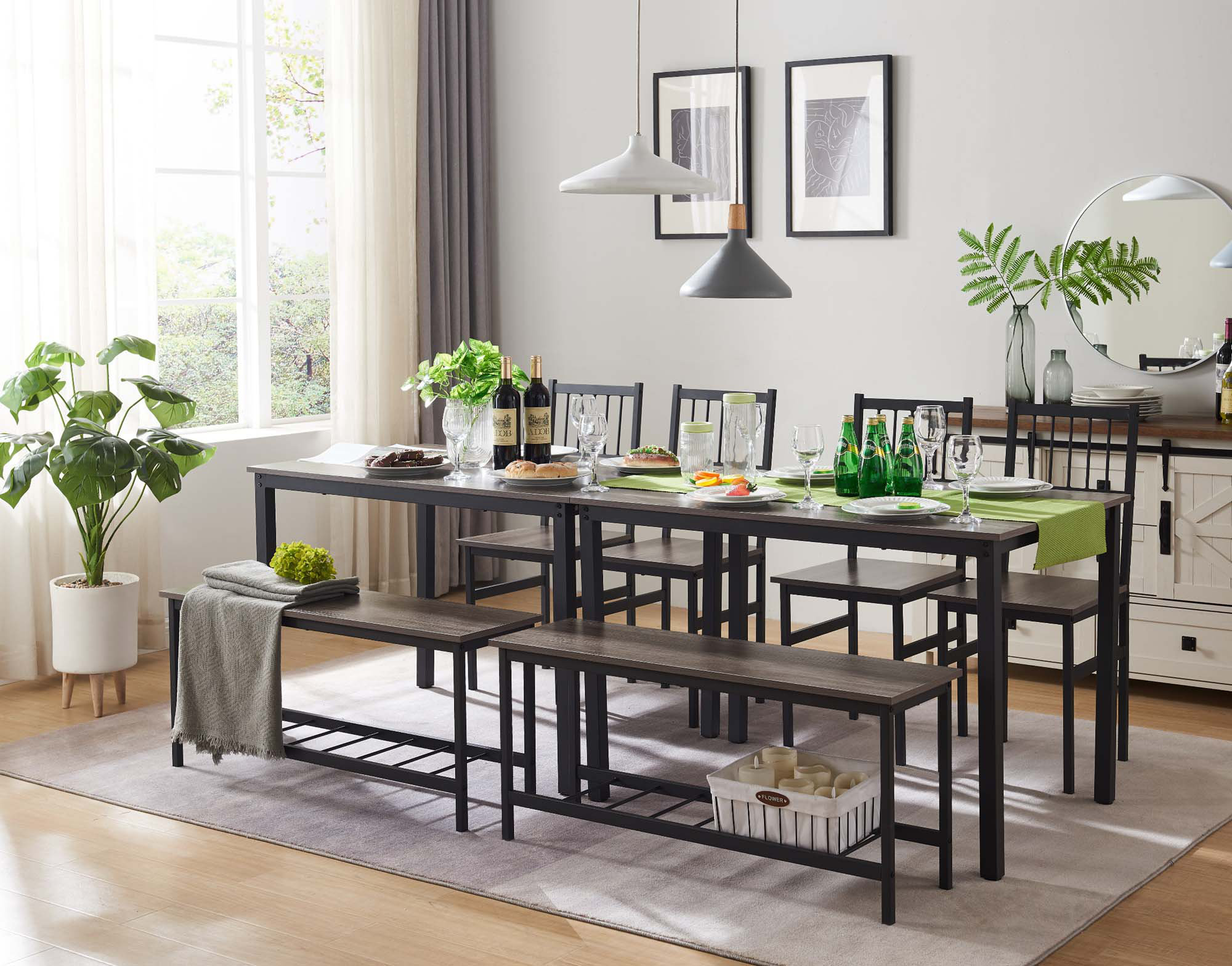 17 Stories Dining Table Set For 4,Kitchen Table With 2 Benches,Wood ...