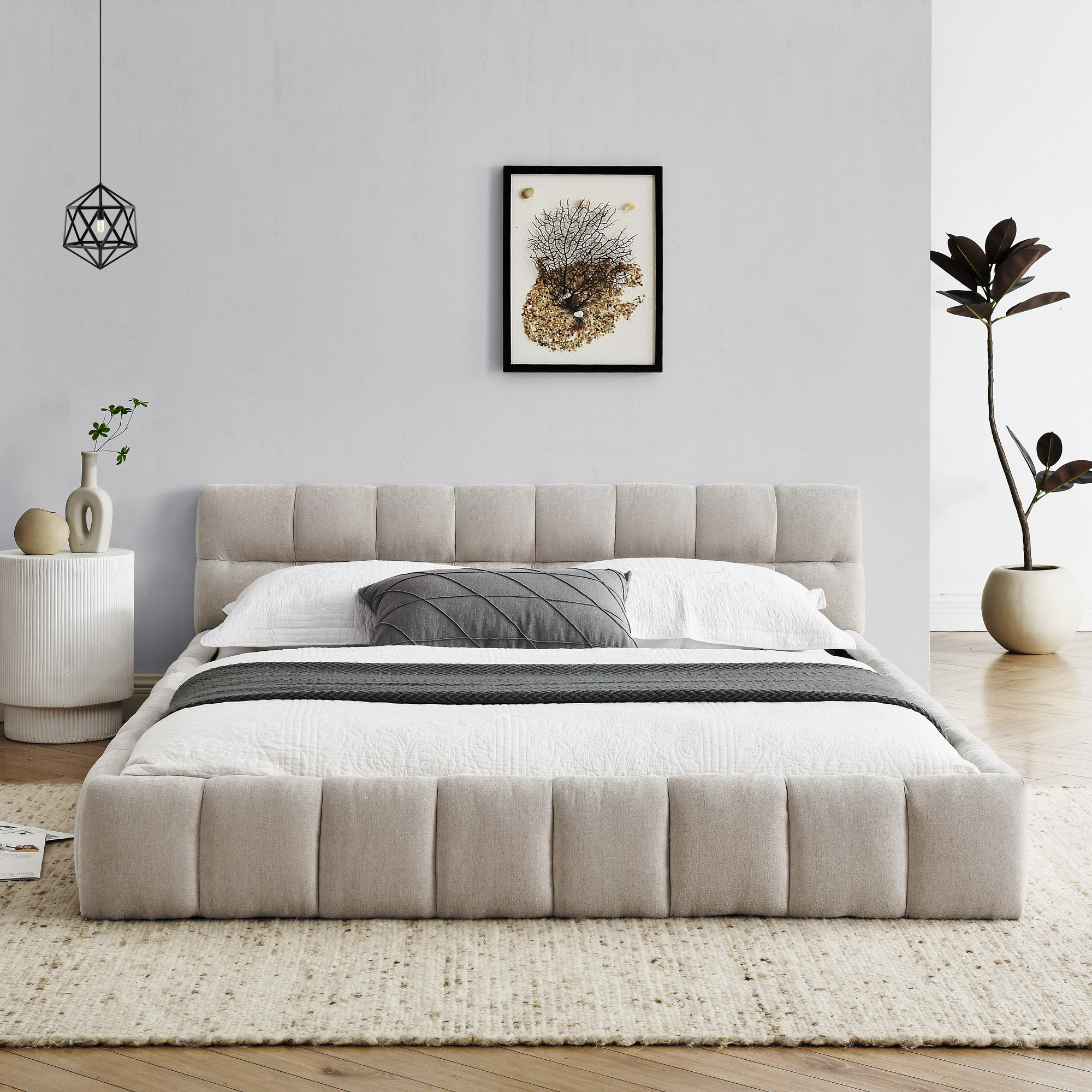Latitude Run® Chenille Fabric Grounded Platform Bed with Headboard and ...