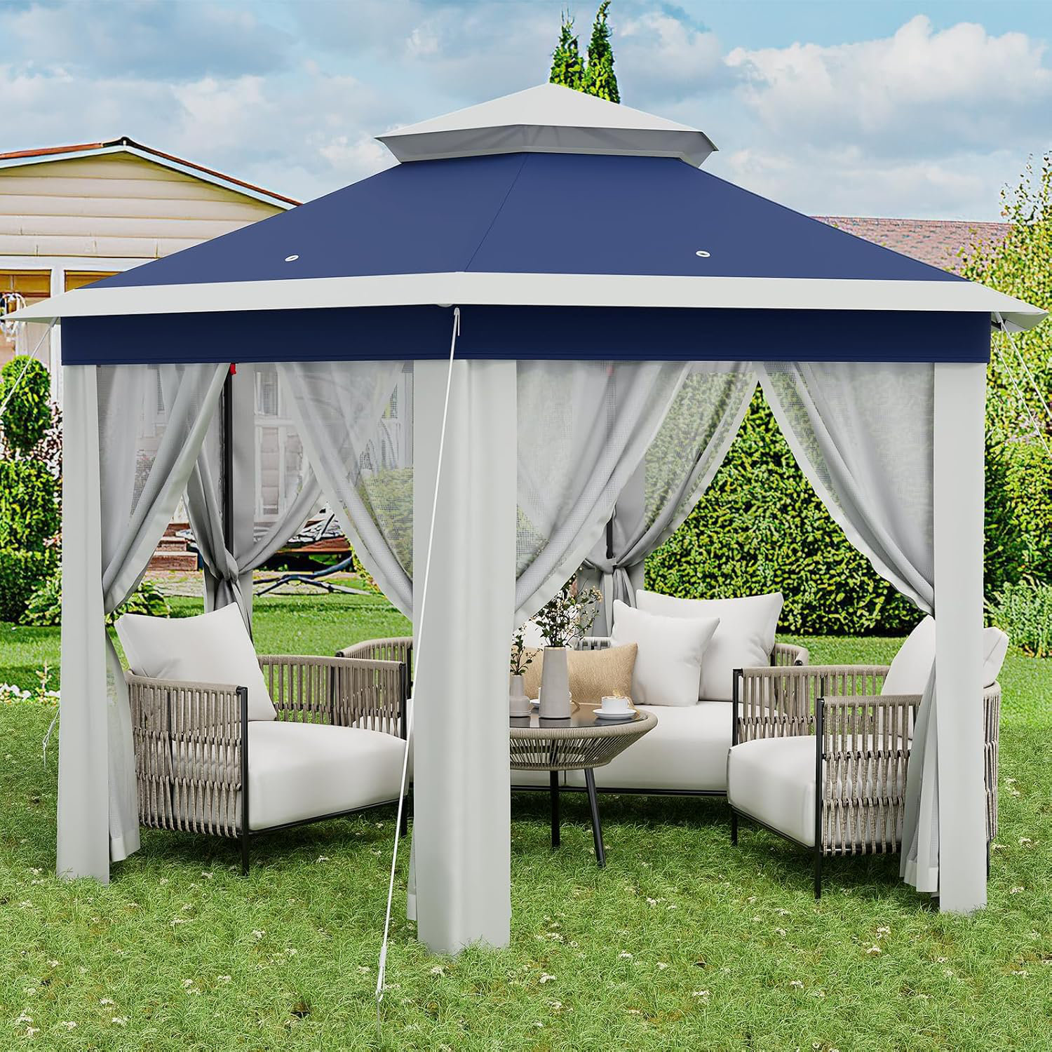 Yuan Home Foldable Gazebo Tent With Mosquito Netting, Double-Layer Pop ...