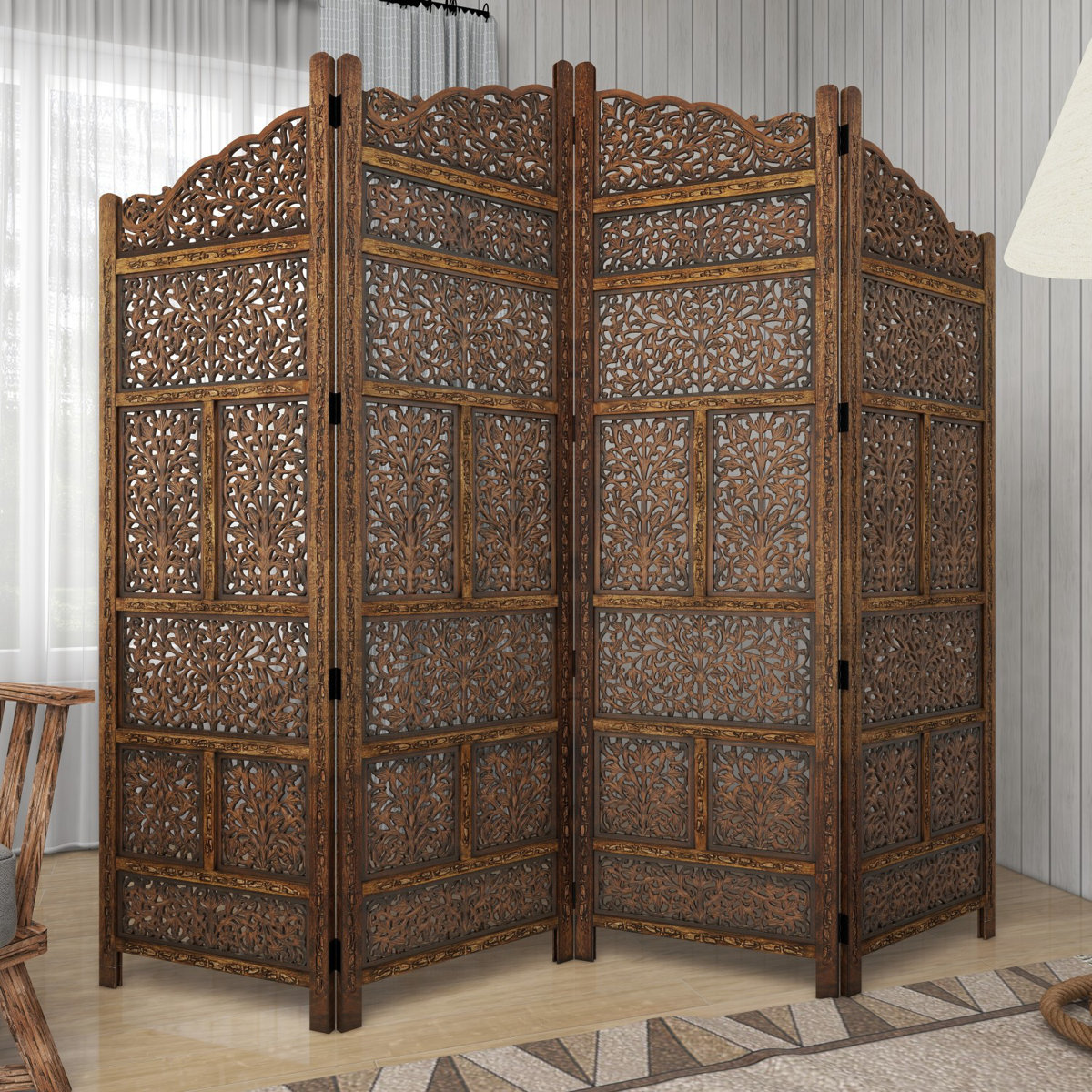 Bungalow Rose Wooden Foldable 4 Panel Floral Partition Room Divider ...
