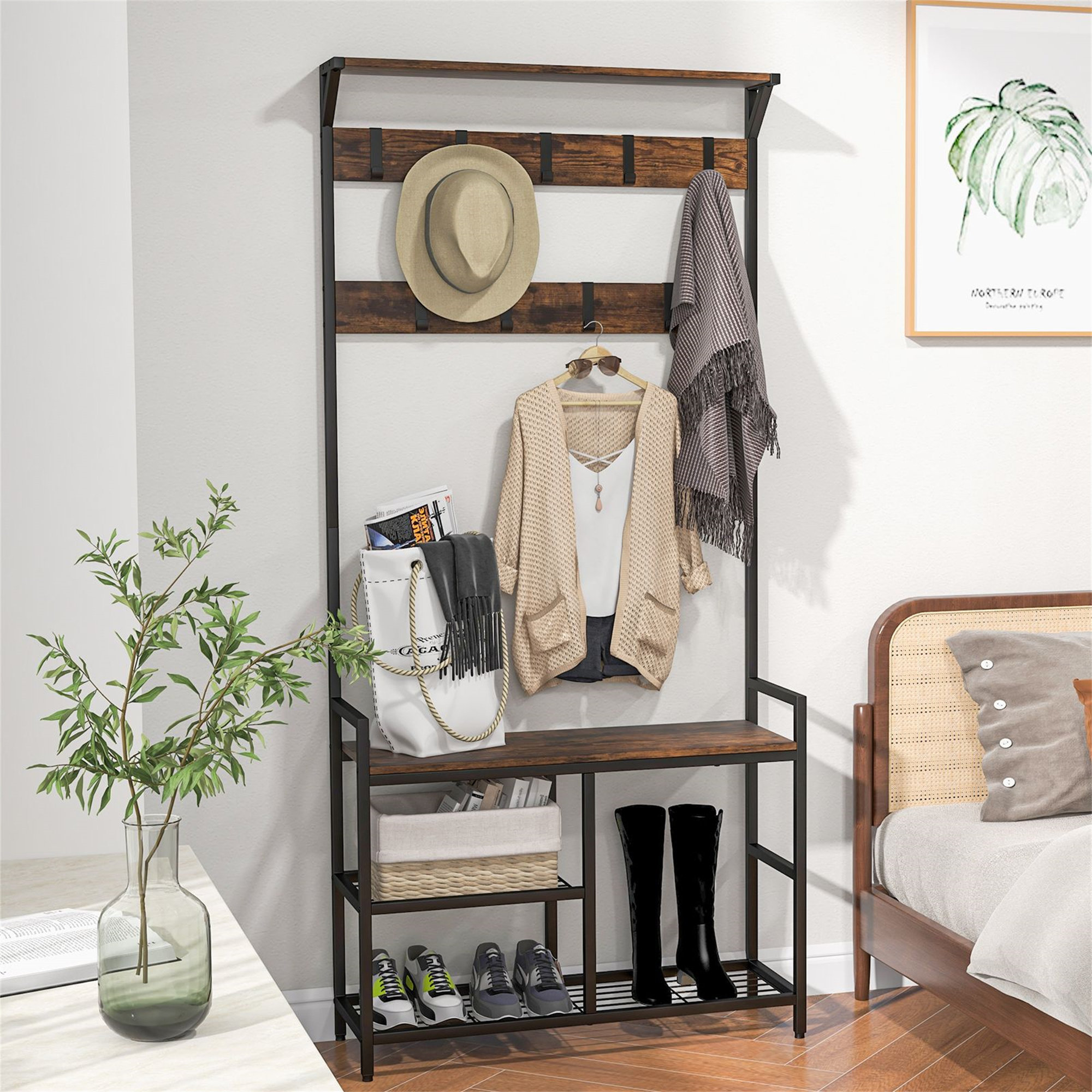 YHSNFJING 3-In-1 Coat Rack Freestanding Industrial Entryway Storage ...